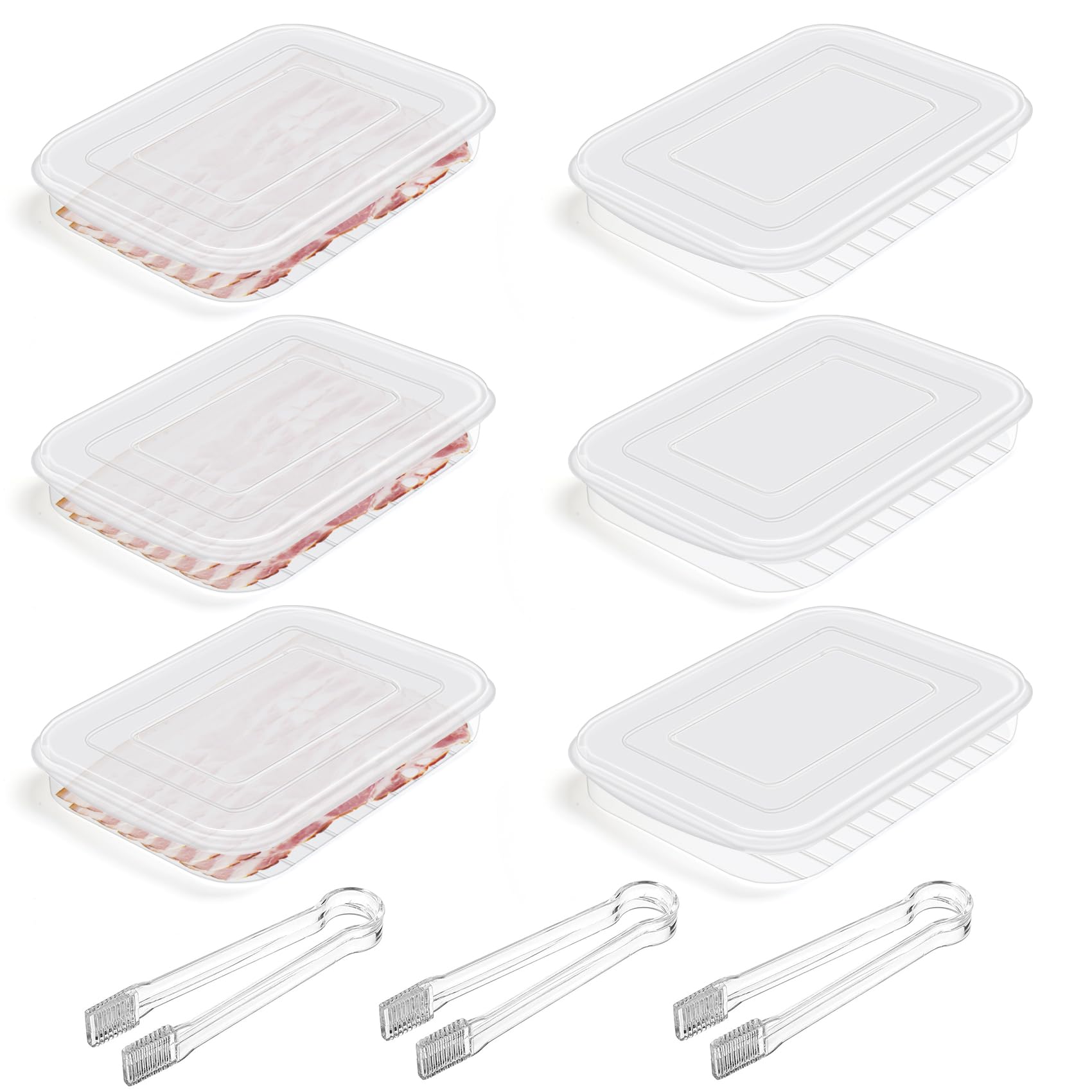 6 Pack Bacon Keeper, Deli Meat Saver for Refrigerator, Container with Airtight Lid, Cold Cuts Cheese Bacon Storage Container for Refrigerator, Lunch Meat Container, 3pcs Serving Tongs