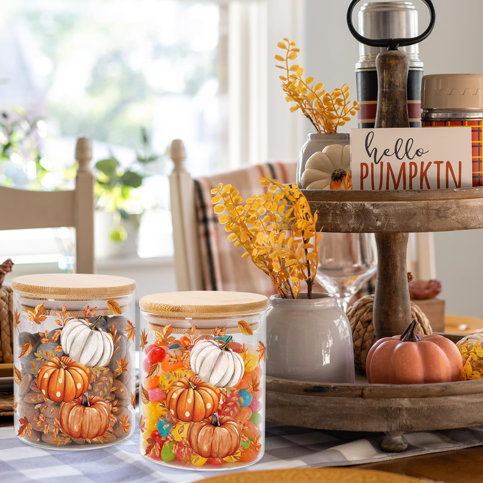 JarThenaAMCS 3Pcs Fall Thanksgiving Glass Storage Jars with Airtight Bamboo Lids 17oz Autumn Leaves Pumpkins Clear Food Storage Canisters for Home Kitchen Countertop Decoration