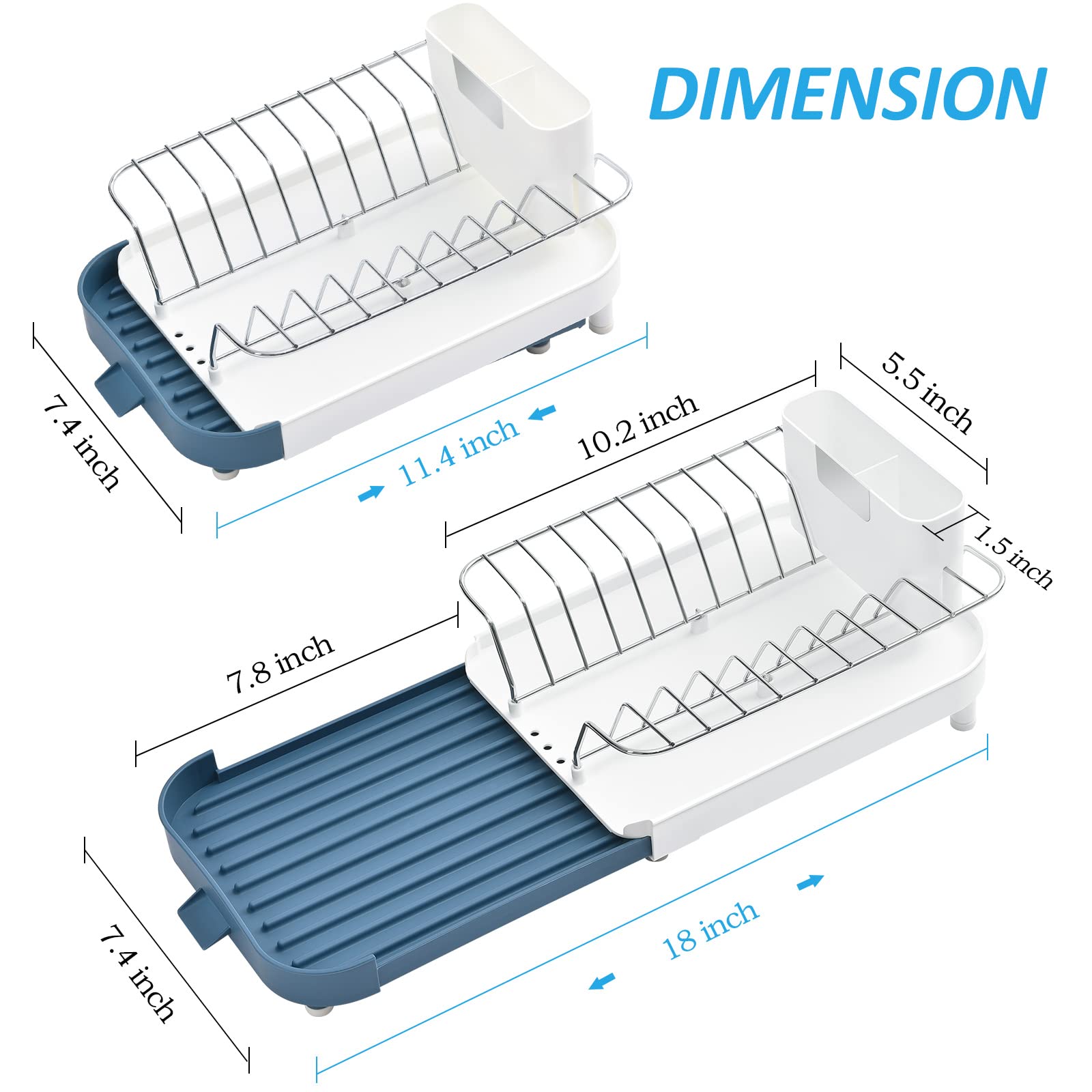 TOOLF Compact Dish Drainer, Small Expandable Dish Rack, Stainless Steel Dish Drying Rack with Removable Cutlery Holder, Anti Rust Plate Rack, Small Sink Drainer for Kitchen Countertop