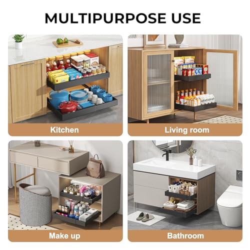 Pull Out Cabinet Organizer, 1PC 21" Deep Expandable (12.2"-20") Heavy Duty Pull Out Drawers for Cabinets Fixed with Adhesive Film, Peel Stick Slide Out Drawers for Kitchen Pantry, No Screw, Black
