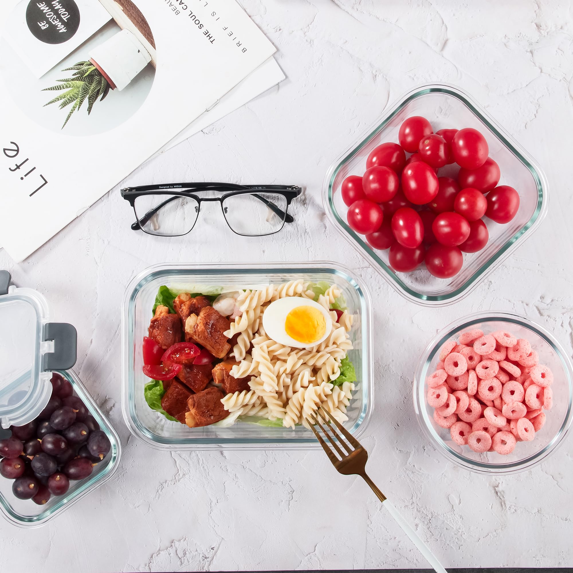 HAKEEMI 12 Pack Glass Storage Containers with Lids, Glass Meal Prep Containers Set, Airtight Food Storage Containers, Grey