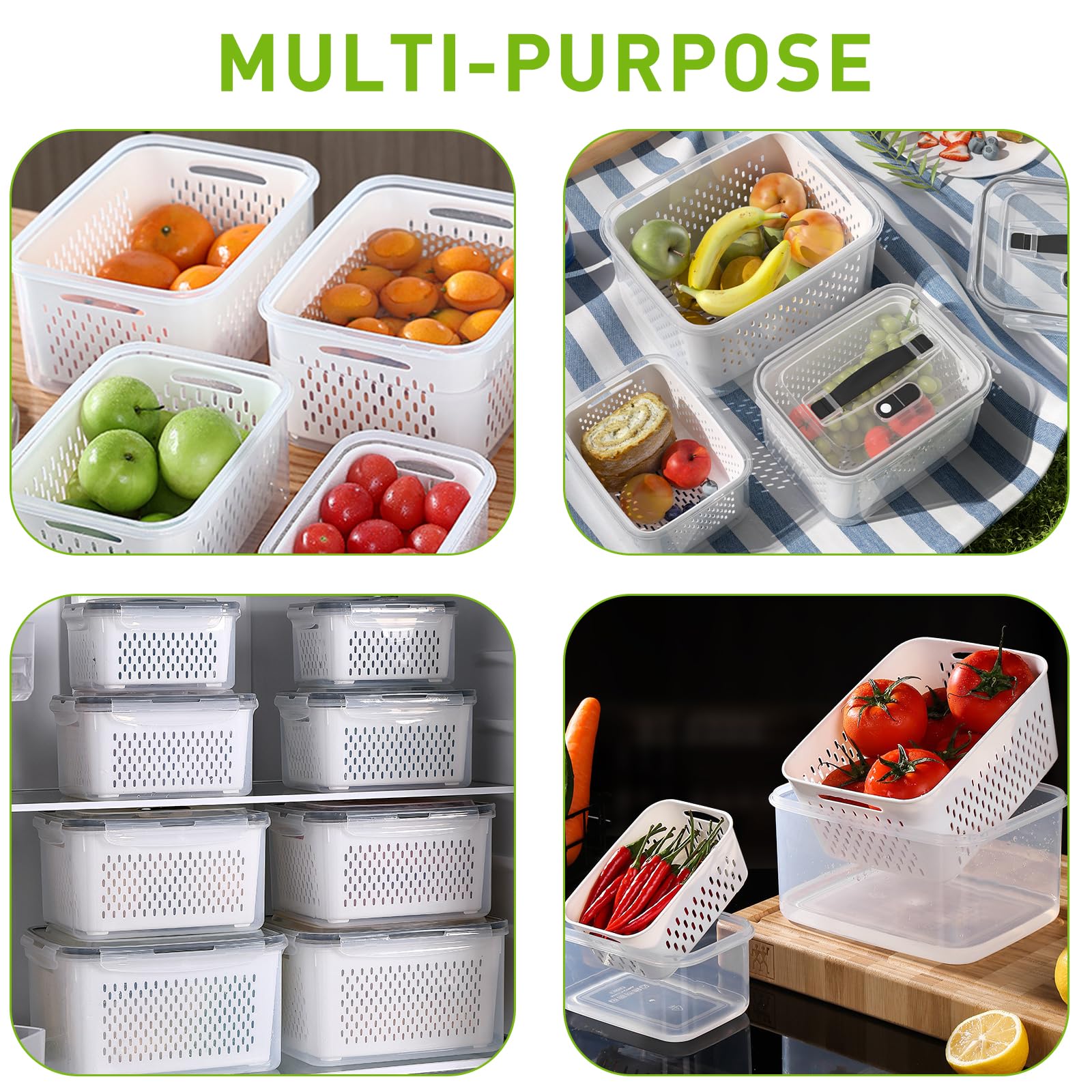 QPPKII 6 PCS Fruit Storage Containers for Fridge with Handle and Colander, Fruits/Vegetables/Berry Saver Container for Refrigerator, Food Storage Containers for Picnic