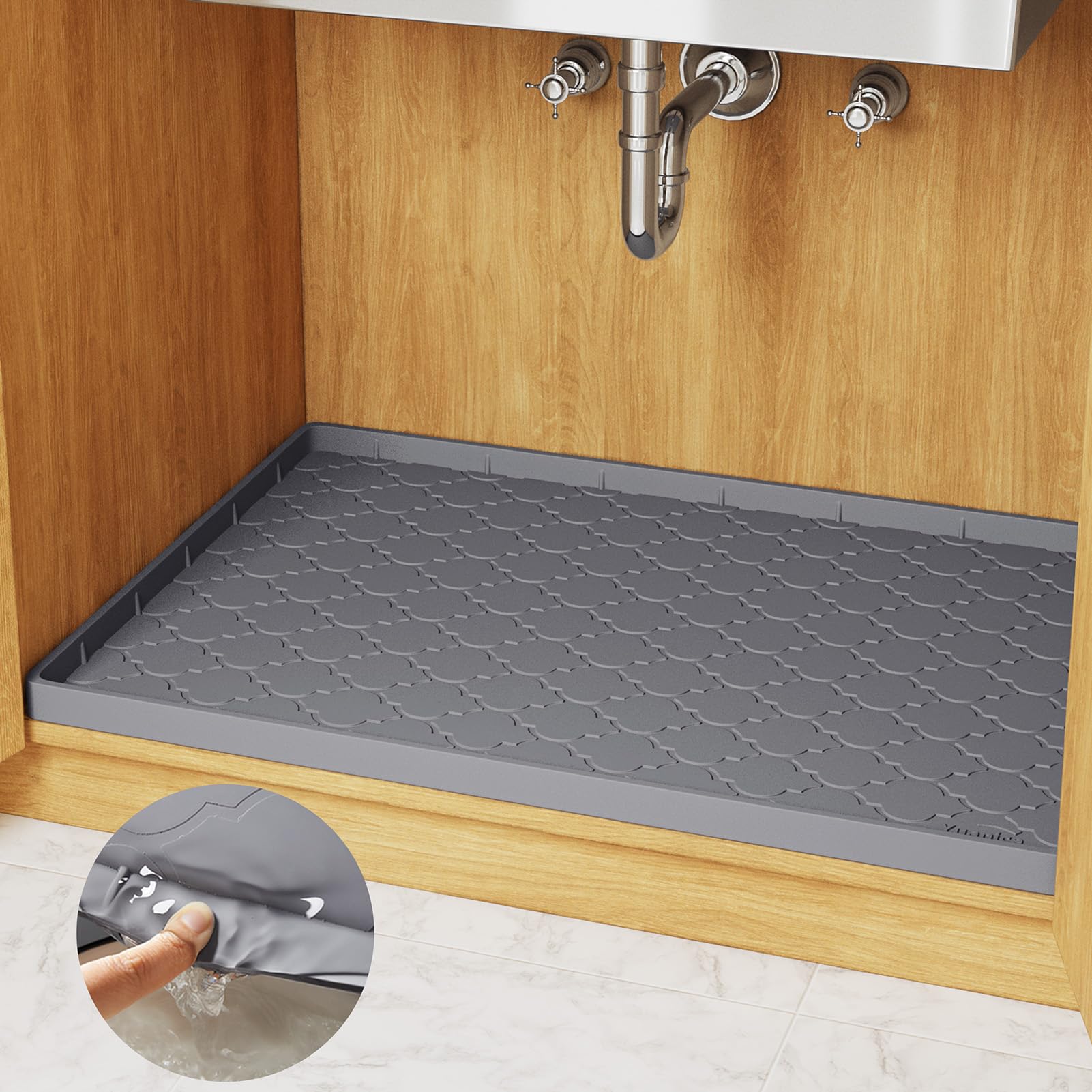 Waterproof Under Sink Mat, 34'' x 22'', Silicone Under Sink Liner for Kitchen Bathroom, Under Kitchen Sink Organizers and Storage, Cabinet Shelf Protector, Flexible Under Sink Drip Tray, Dark Grey