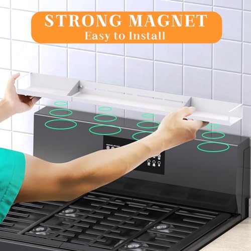 JANSNIMEN Magnetic Stove Top Shelf Spice Rack, 15"-30" Adjustable Stove Shelf for Back of Stove, Seasoning Organizer Kitchen Shelves Gadgets with 3 Functional Partitions
