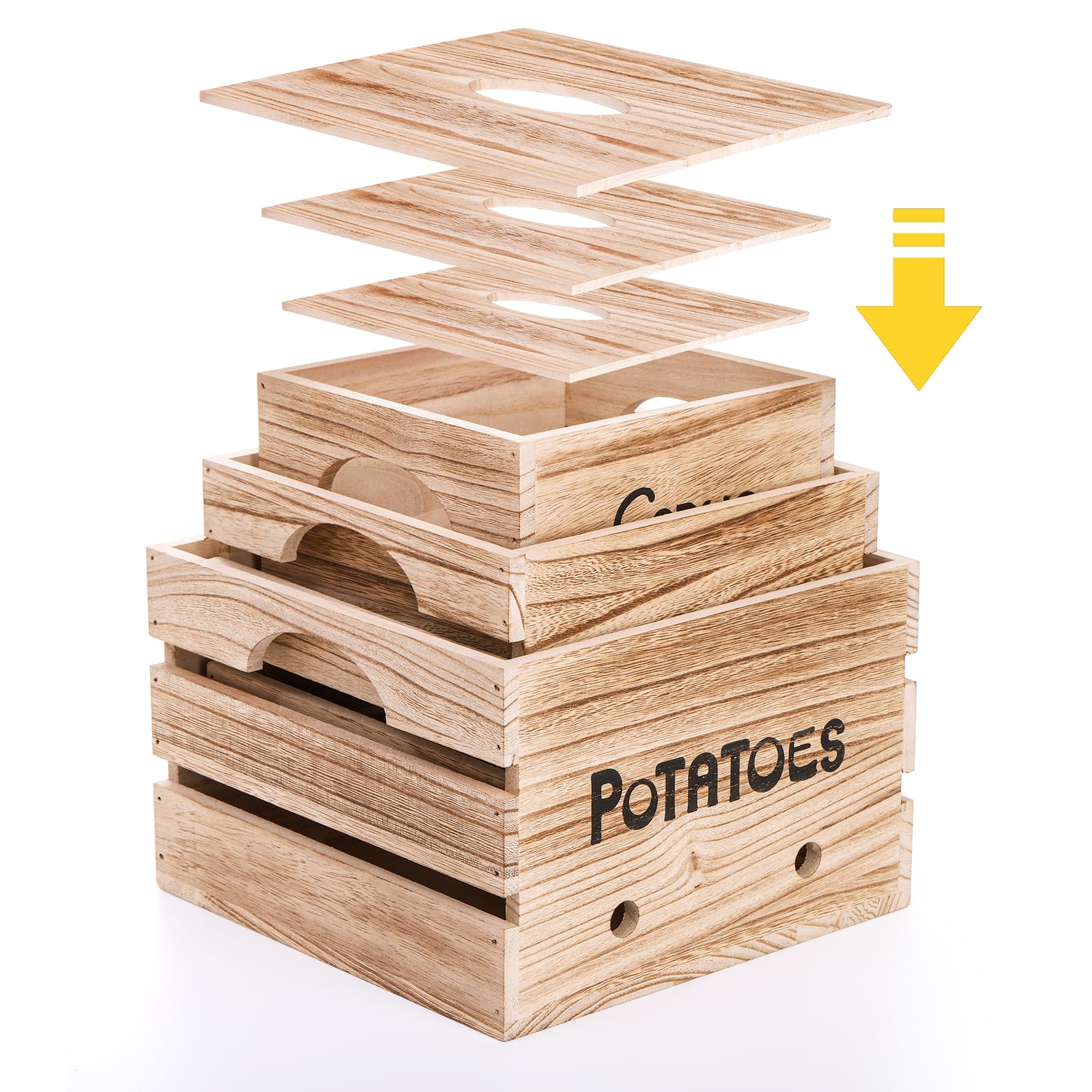Frcctre 3 Pack Vegetable Storage Bins, Farmhouse Potato Onion Garlic Kitchen Storage Canisters Set, Wooden Stackable Vegetable Keeper with Lid and Aerating Holes for for Pantry Organization