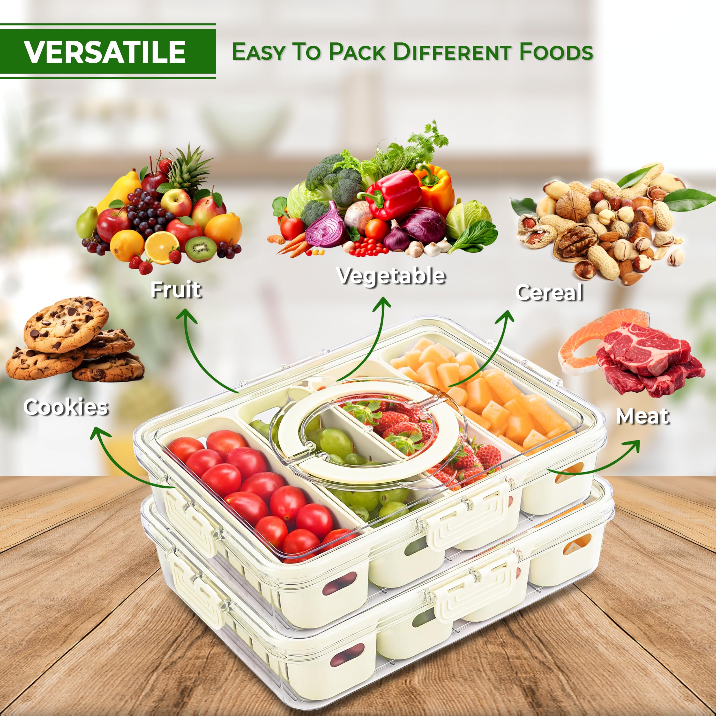 BRIFUFOUS Divided Serving Tray with Lid and Handle - Portable Snackle Box Charcuterie Container, Veggie Snack Box, Travel Snack Box Organizer, Multipurpose Storage Boxes with 4 Compartments & 4 Forks