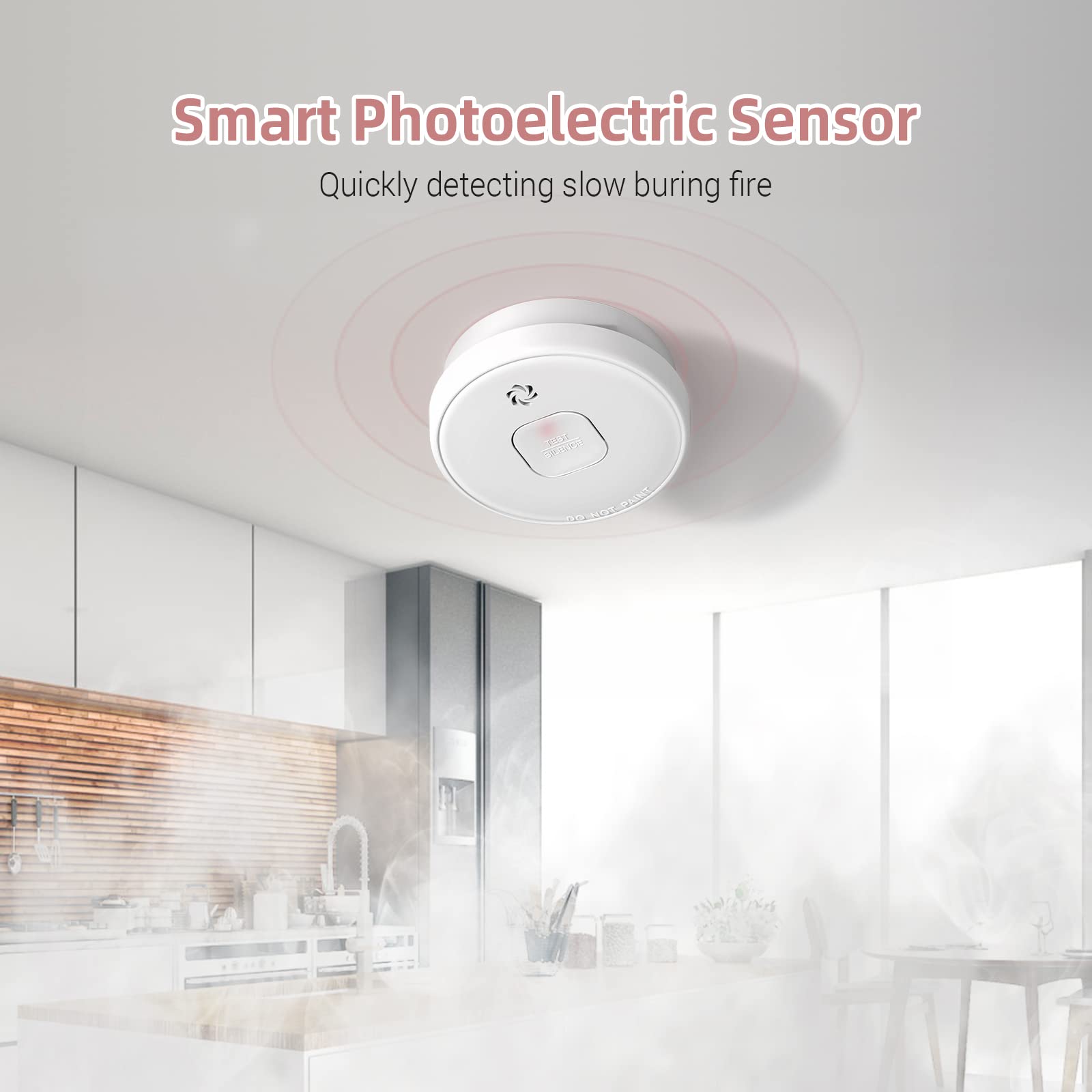 10 Packs Smoke Detector, 10-Year Smoke Alarm with Photoelectric Sensor and Built-in 3V Lithum Battery, Fire Alarm with Test Button and Low Battery Warning, Fire Safety for Home