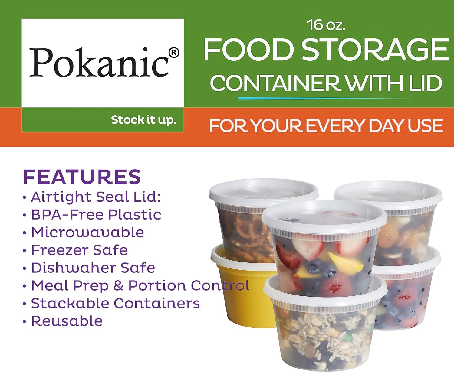 Pokanic Food Storage Containers [30 Set] 16 oz Plastic Deli Containers with Lids Slime Soup Meal Prep Reusable | BPA Free | Stackable | Leakproof | Microwave/Dishwasher/Freezer Safe (30 Set, 16 oz)