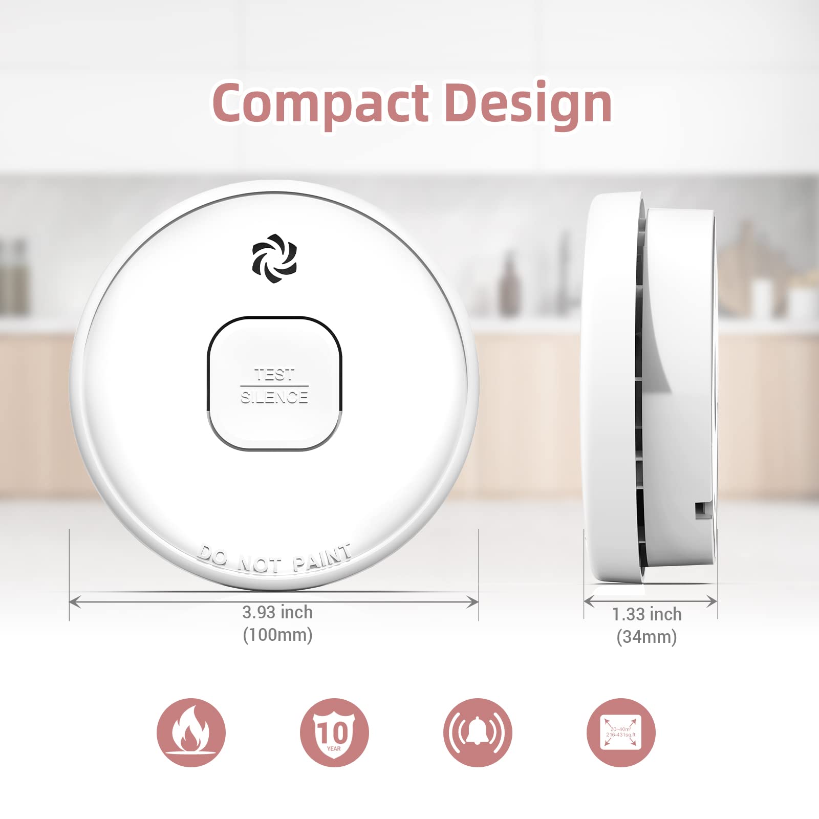 10 Packs Smoke Detector, 10-Year Smoke Alarm with Photoelectric Sensor and Built-in 3V Lithum Battery, Fire Alarm with Test Button and Low Battery Warning, Fire Safety for Home