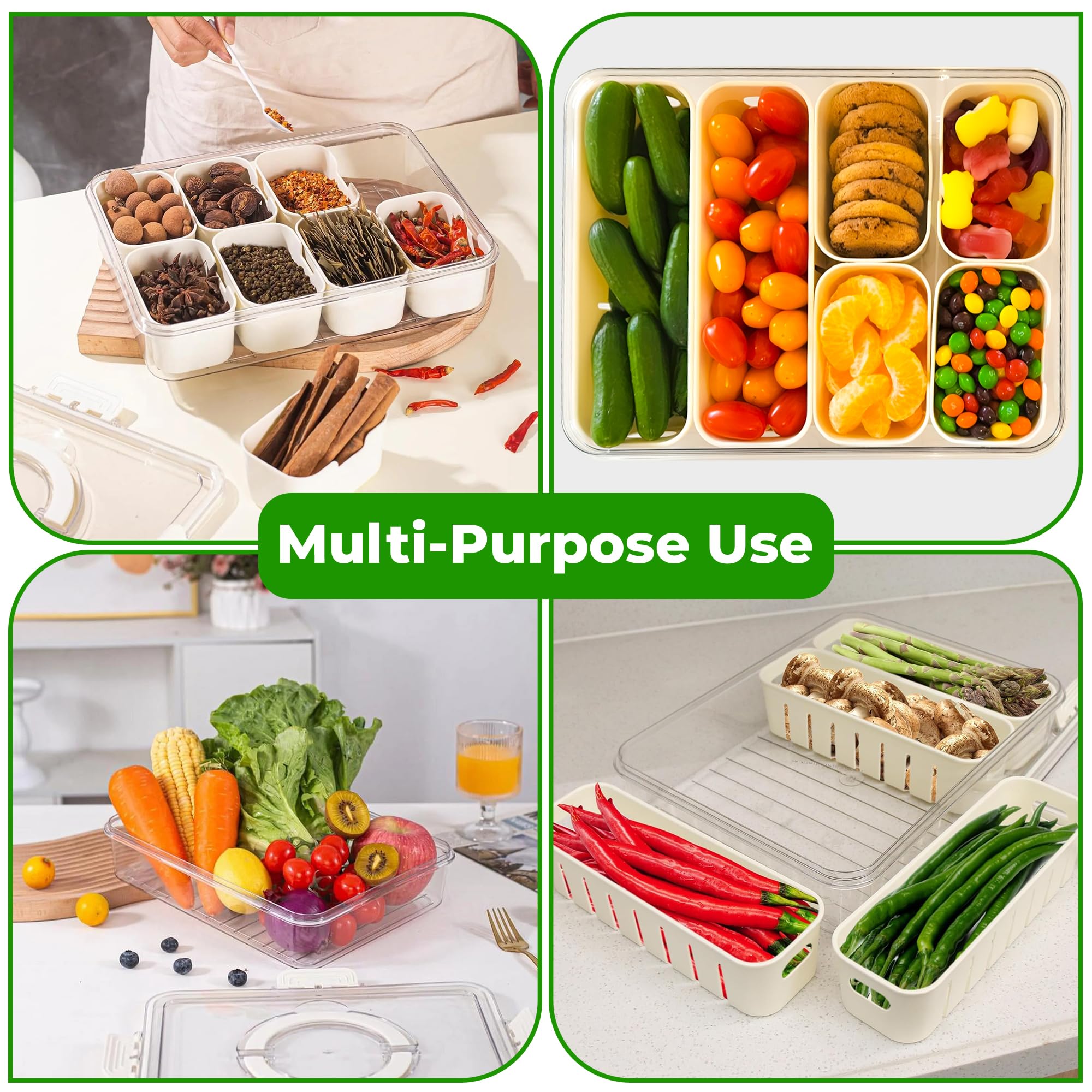 Kenswiss 2 Pack Divided Serving Tray with Lid and Handle | Portable Snackle Box for Adults, Kids | Charcuterie Container with 8 and 4 Compartments | Snack Organizer for Fruits and Travel