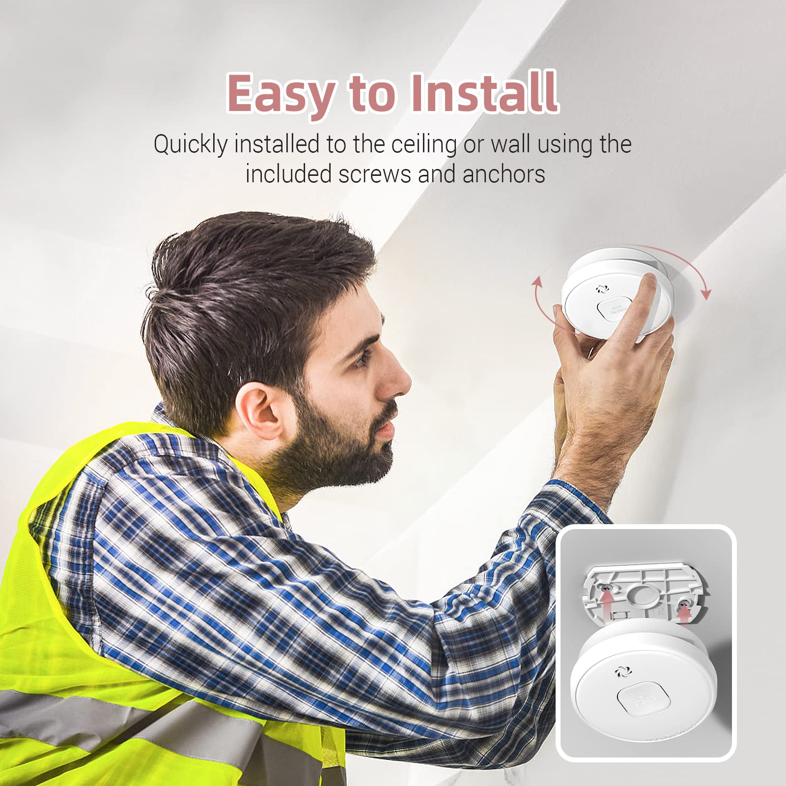 10 Packs Smoke Detector, 10-Year Smoke Alarm with Photoelectric Sensor and Built-in 3V Lithum Battery, Fire Alarm with Test Button and Low Battery Warning, Fire Safety for Home