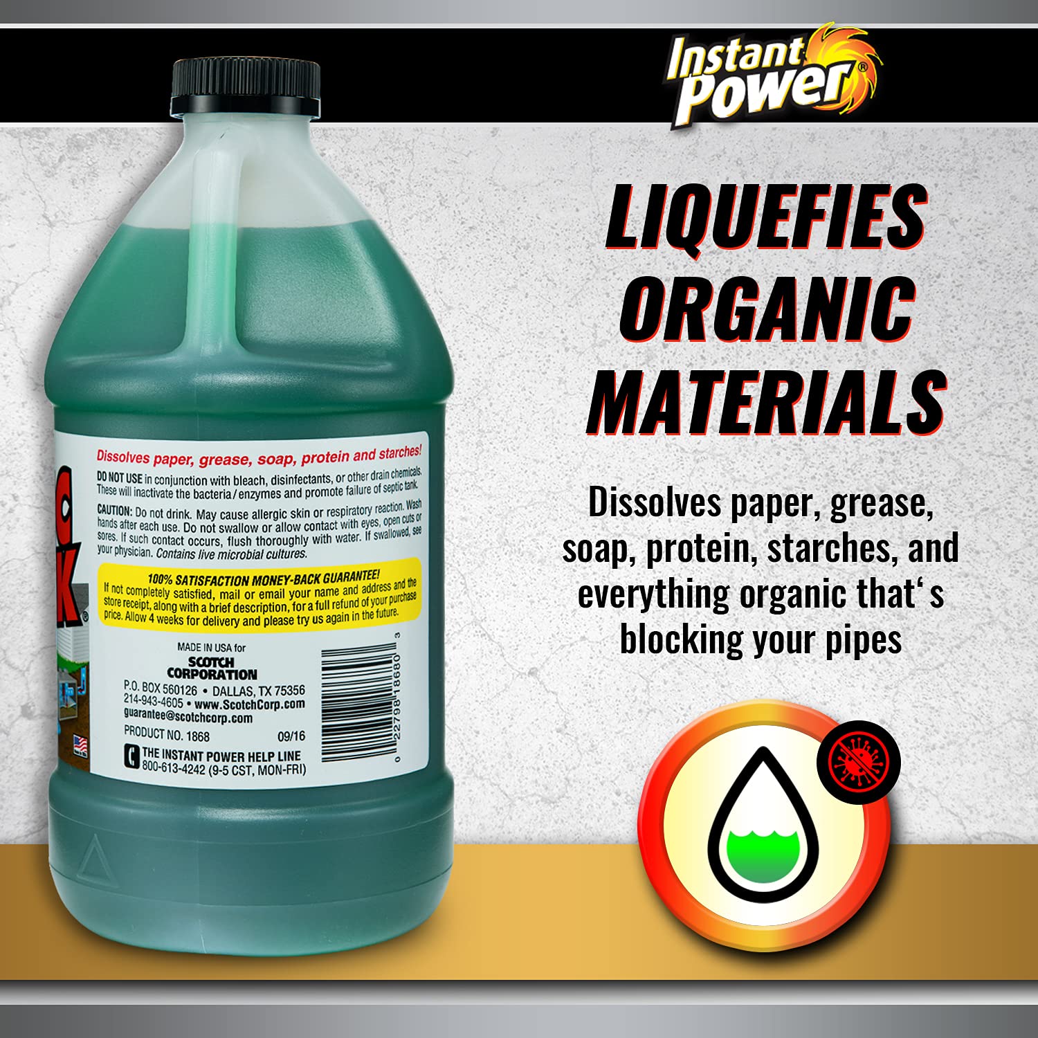 Instant Power Septic Shock Septic Tank Treatment, Drain Cleaner Liquid Clog Remover for Septic System, 67.6 FL OZ (2 Liter)