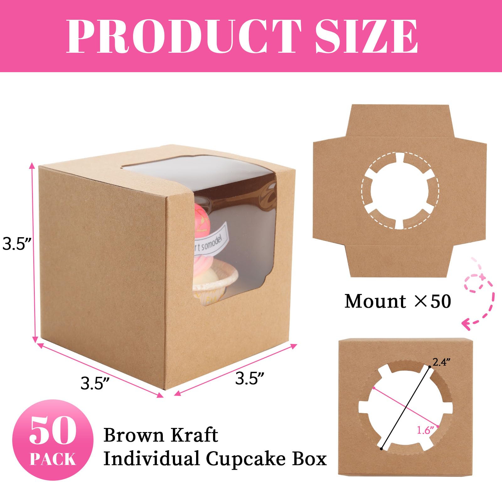 NPLUX 50 Pcs Cupcake Boxes Individual Cupcake Containers Pre-Assembled Single Cupcake Boxes 3.5"x3.5"x3.5" with 50 Pcs Inserts for Cupcakes Muffins Party Favors(Brown)