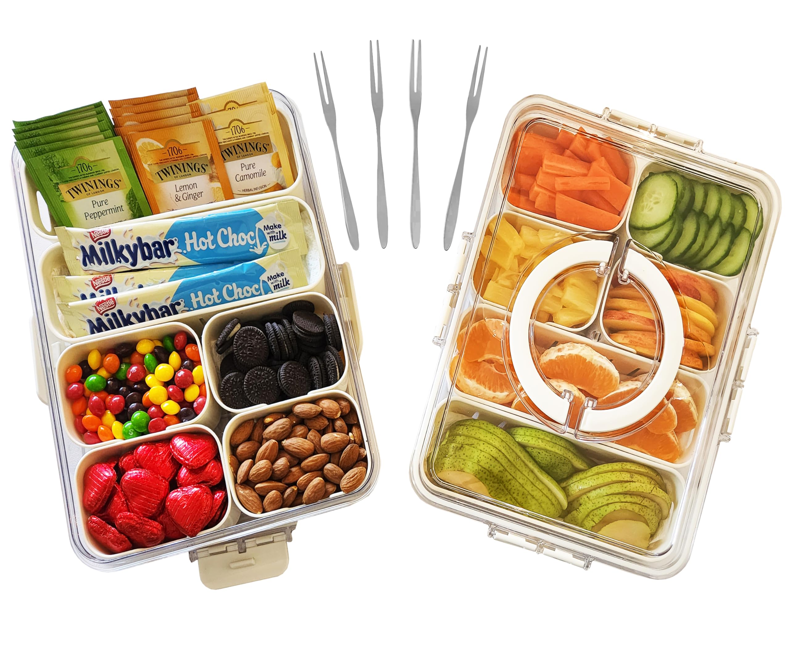 Kenswiss 2 Pack Divided Serving Tray with Lid and Handle | Portable Snackle Box for Adults, Kids | Charcuterie Container with 8 and 4 Compartments | Snack Organizer for Fruits and Travel