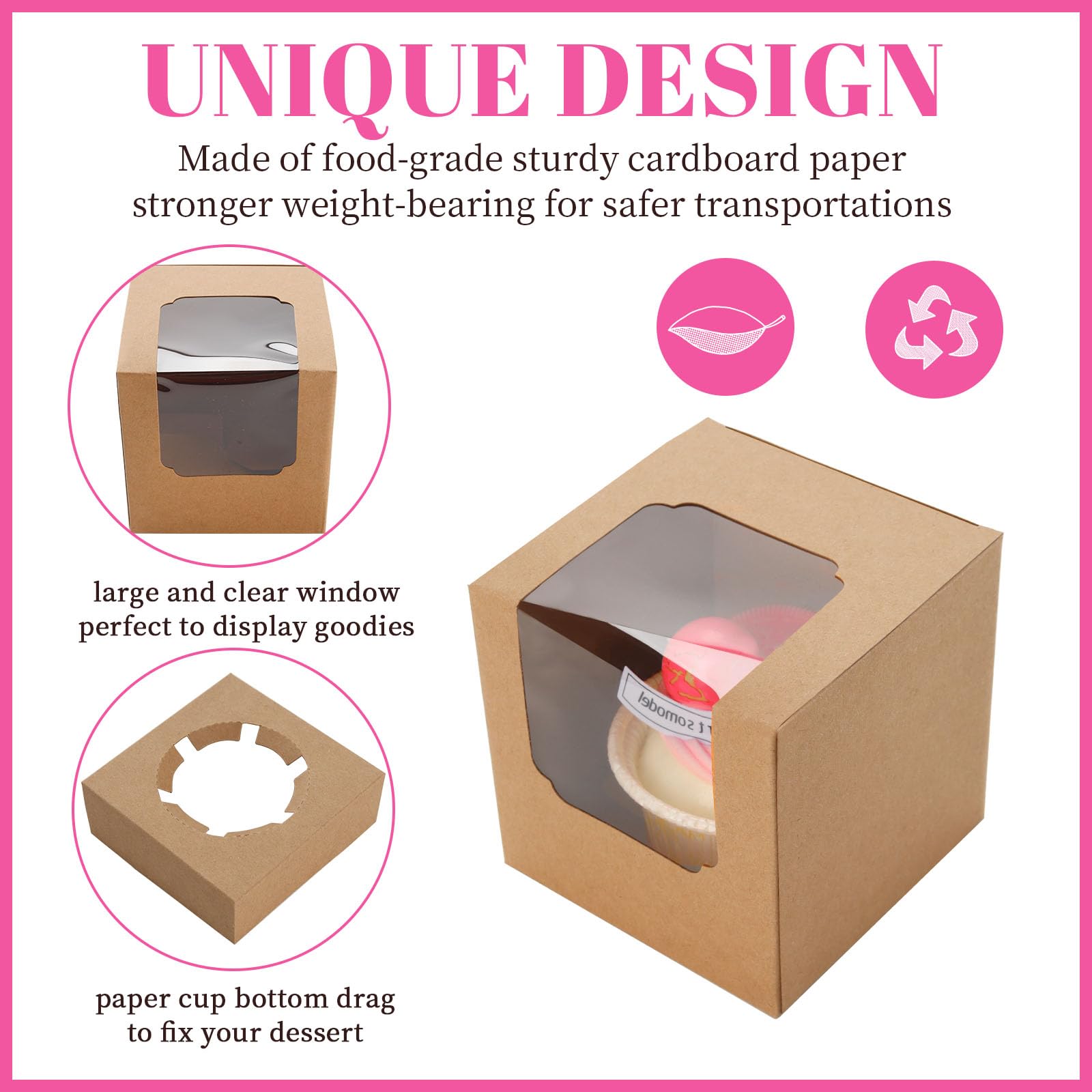 NPLUX 50 Pcs Cupcake Boxes Individual Cupcake Containers Pre-Assembled Single Cupcake Boxes 3.5"x3.5"x3.5" with 50 Pcs Inserts for Cupcakes Muffins Party Favors(Brown)