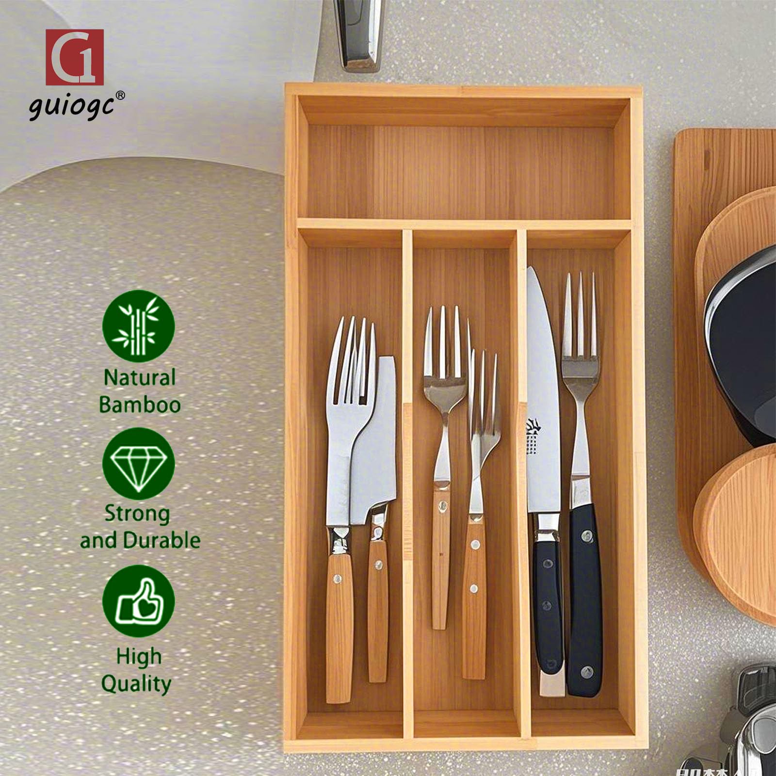 guiogc Bamboo Kitchen Drawer Silverware Organizer, 7 Inch Silverware Utensils Tray Holder for Small Drawer, Wood Caddy for Flatware Cutlery Knives 4-Slots