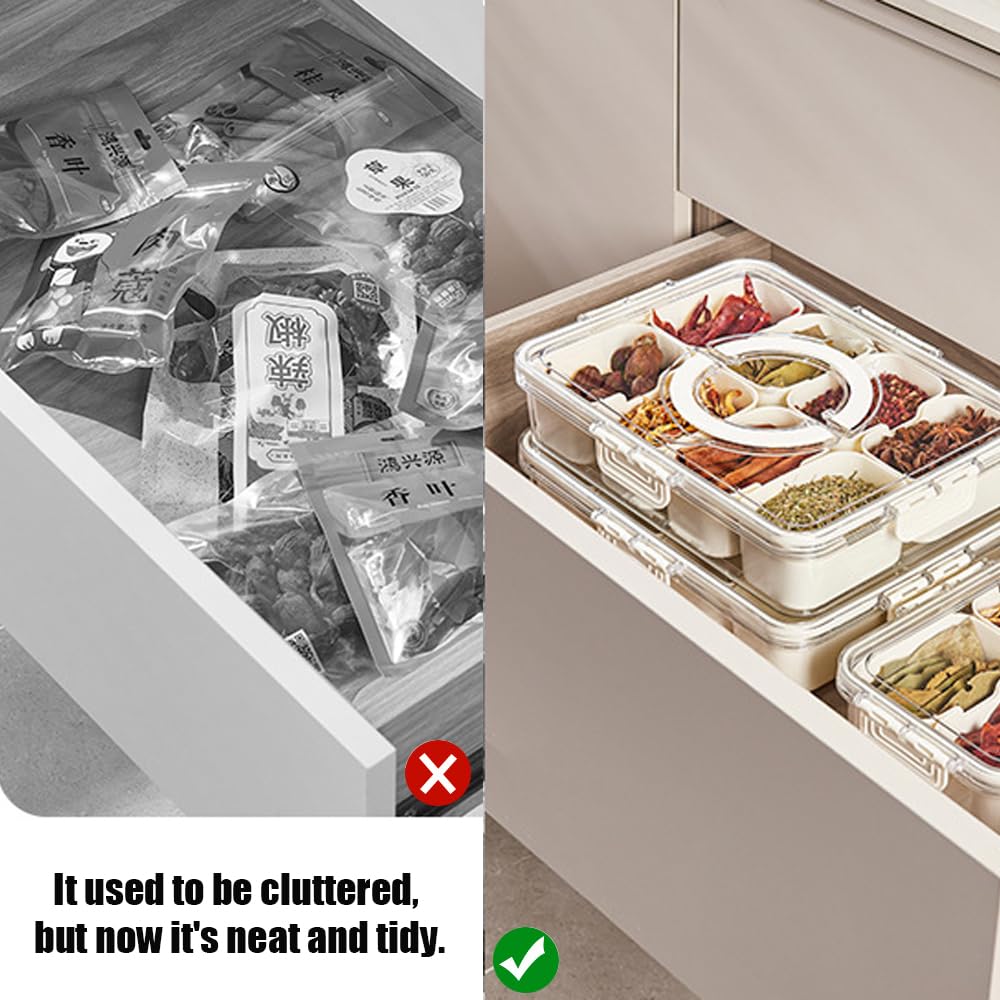 Mimeile Plastic Seasoning Organizer Box Spice Storage Containers Snack Condiment Food Holder 8 Compartment with Sealing Lid Handle Divided Serving Tray for Kitchen Cabinet Pantry Refrigerator