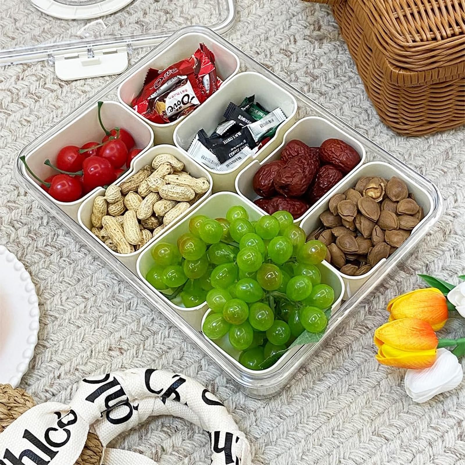 Beceto Divided Serving Tray with Lid and Handle, Snackle Box Container Snack Tray with Lid Candy Organizer Veggie Fruit Storage Containers for Fridge and Party Entertaining Picnic (8 Compartments)
