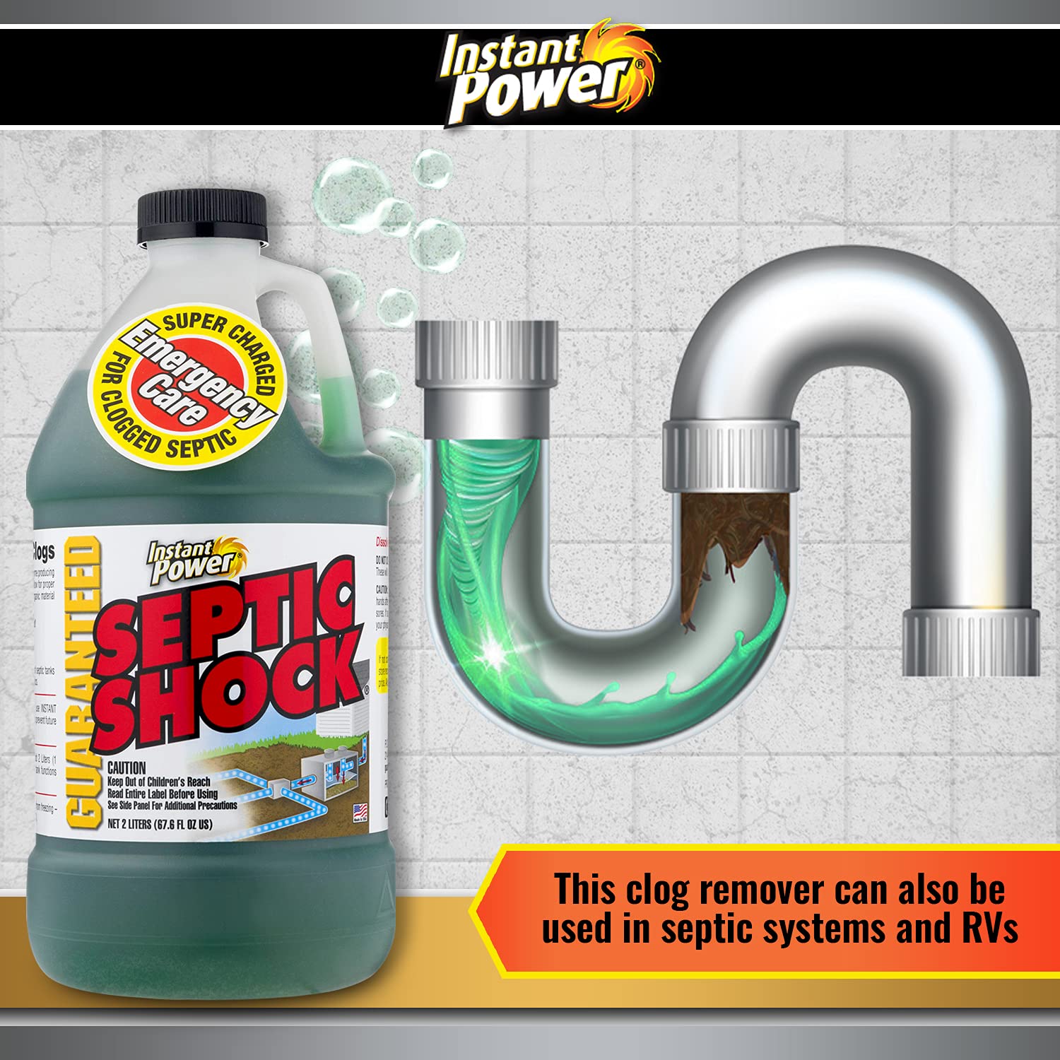 Instant Power Septic Shock Septic Tank Treatment, Drain Cleaner Liquid Clog Remover for Septic System, 67.6 FL OZ (2 Liter)