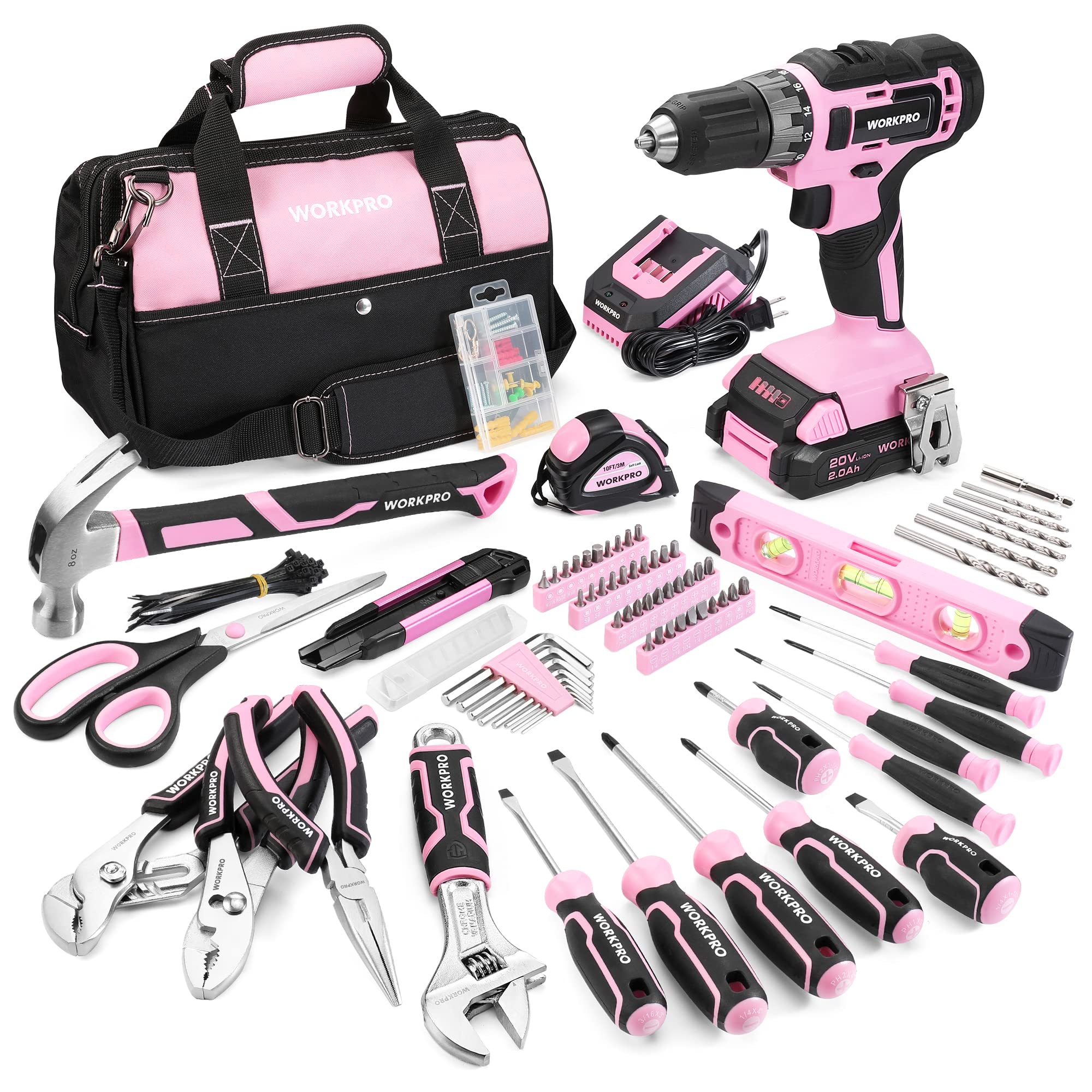 WORKPRO Pink Home Tool Kit with Drill, 157PCS Pink Tool Set with 20V Cordless Lithium-ion Drill Gun, Basic Drill Sets Combo Kit with Wide Mouth Open Tool Bag