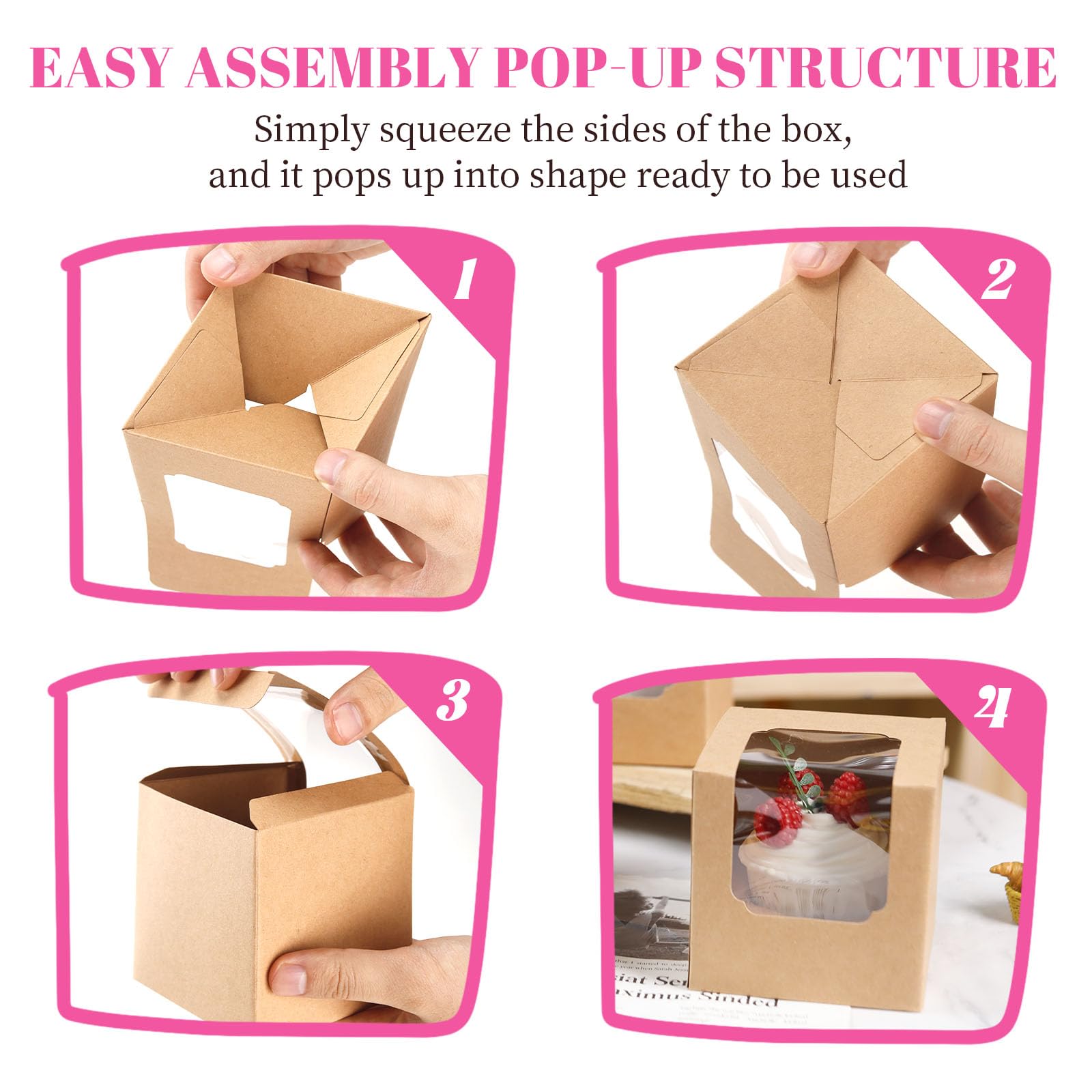 NPLUX 50 Pcs Cupcake Boxes Individual Cupcake Containers Pre-Assembled Single Cupcake Boxes 3.5"x3.5"x3.5" with 50 Pcs Inserts for Cupcakes Muffins Party Favors(Brown)