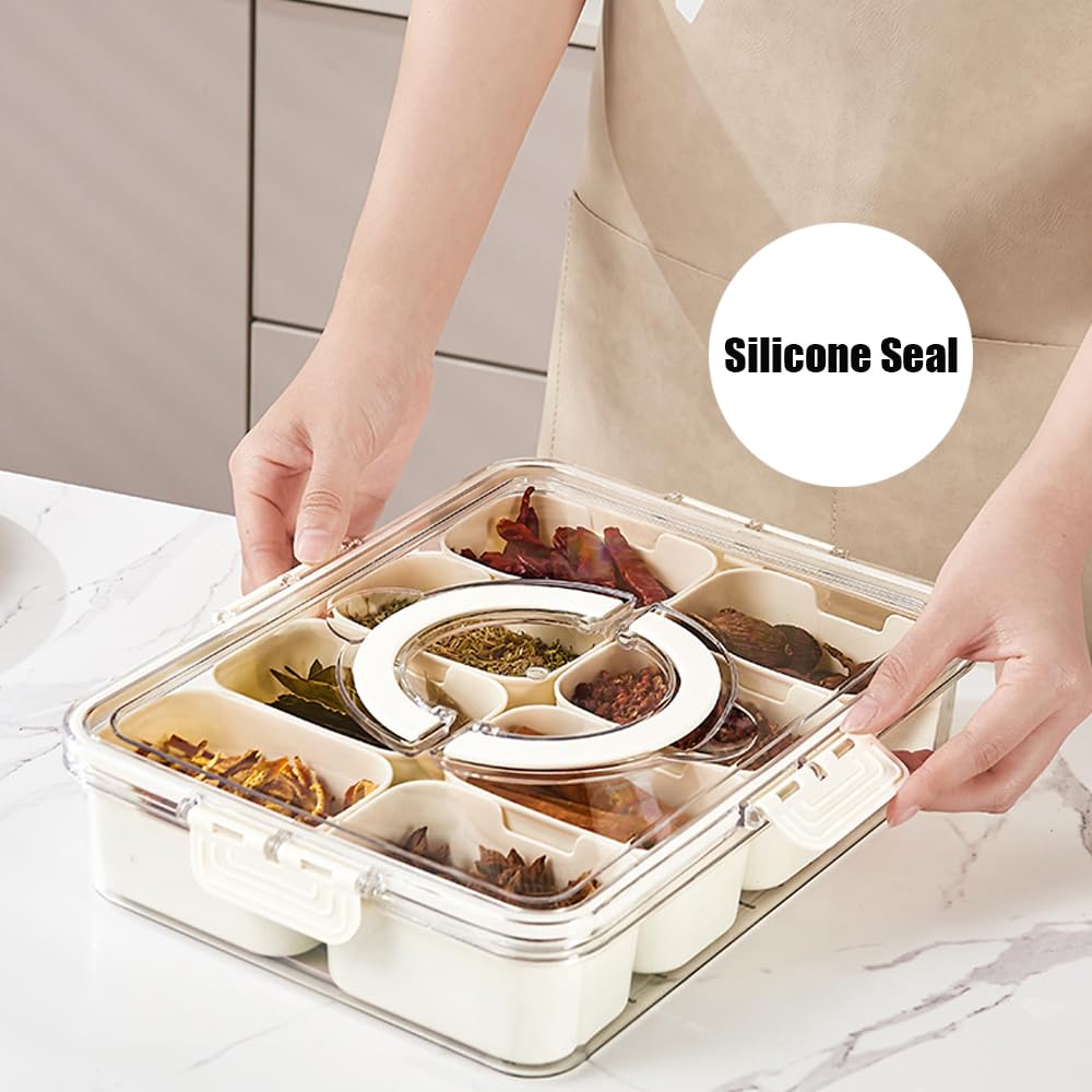 Mimeile Plastic Seasoning Organizer Box Spice Storage Containers Snack Condiment Food Holder 8 Compartment with Sealing Lid Handle Divided Serving Tray for Kitchen Cabinet Pantry Refrigerator