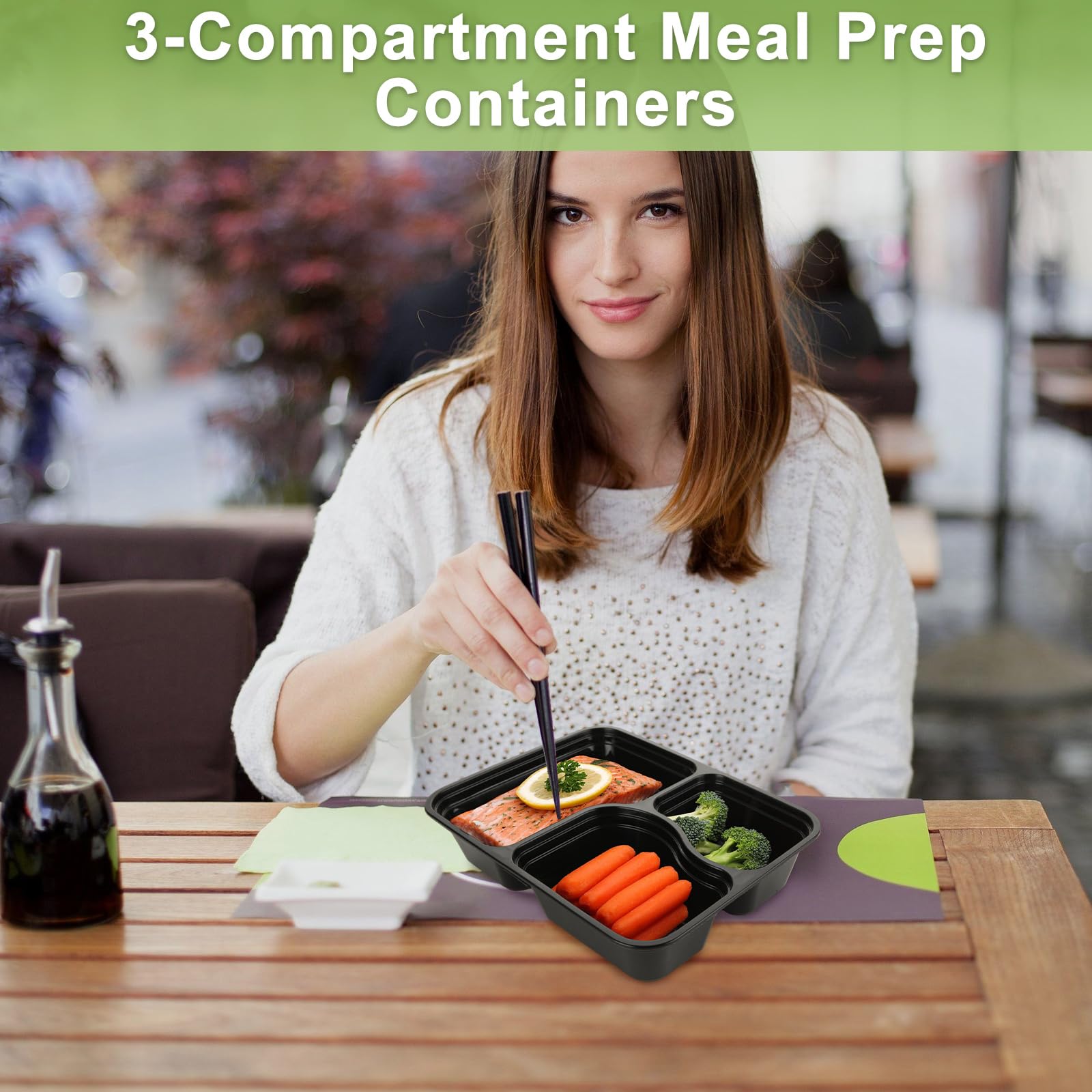 MUXHEL 50 Pack 30 oz 3-Compartment Meal Prep Containers with Lids, BPA Free Plastic Food Container Reusable, Microwave Safe Take Out Container with Lid for Meal Prep, Large, Black