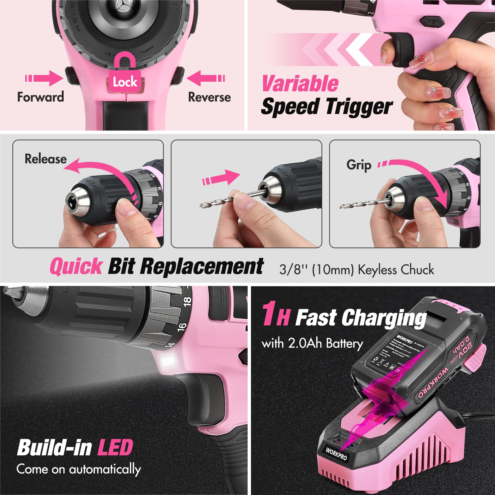 WORKPRO Pink Home Tool Kit with Drill, 157PCS Pink Tool Set with 20V Cordless Lithium-ion Drill Gun, Basic Drill Sets Combo Kit with Wide Mouth Open Tool Bag