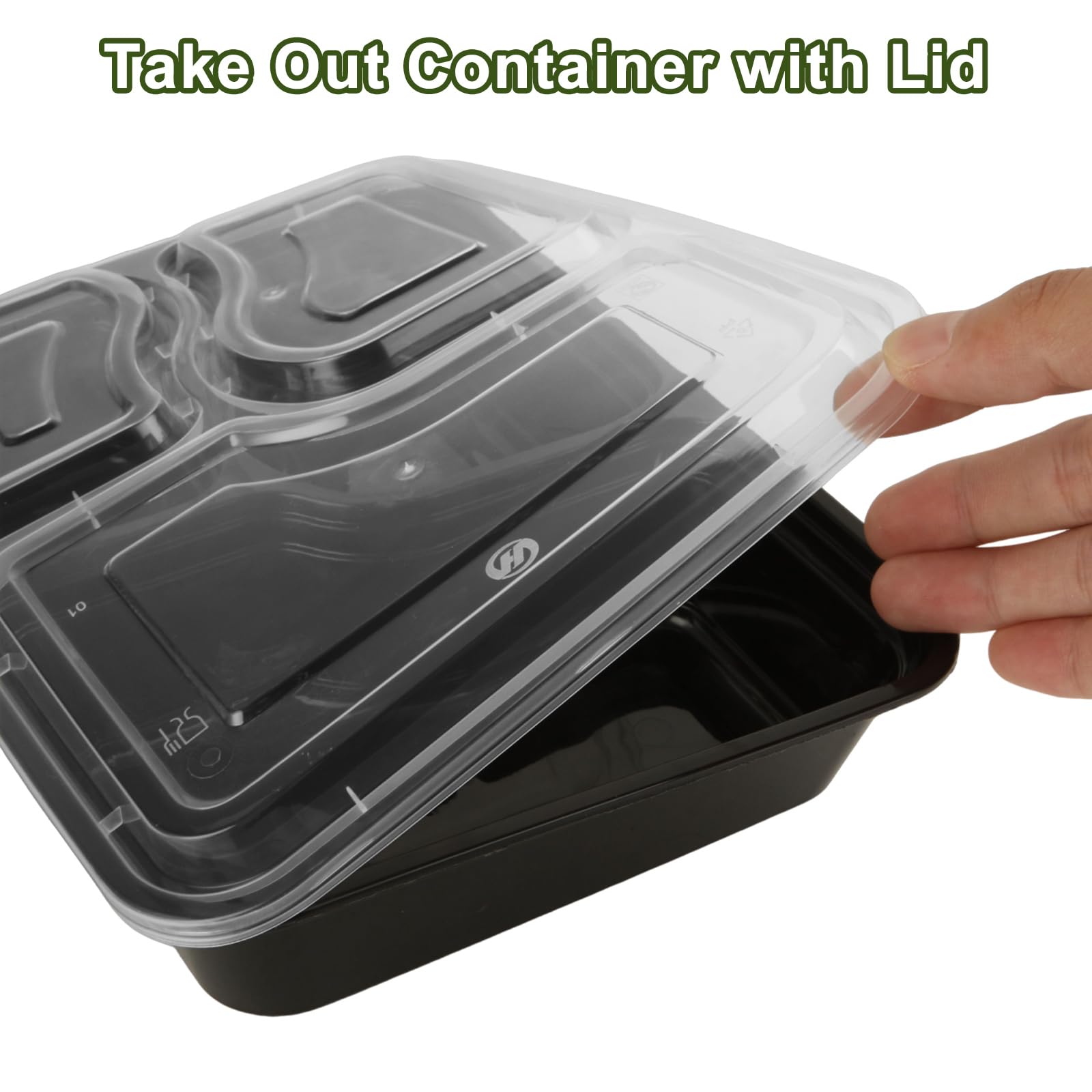 MUXHEL 50 Pack 30 oz 3-Compartment Meal Prep Containers with Lids, BPA Free Plastic Food Container Reusable, Microwave Safe Take Out Container with Lid for Meal Prep, Large, Black