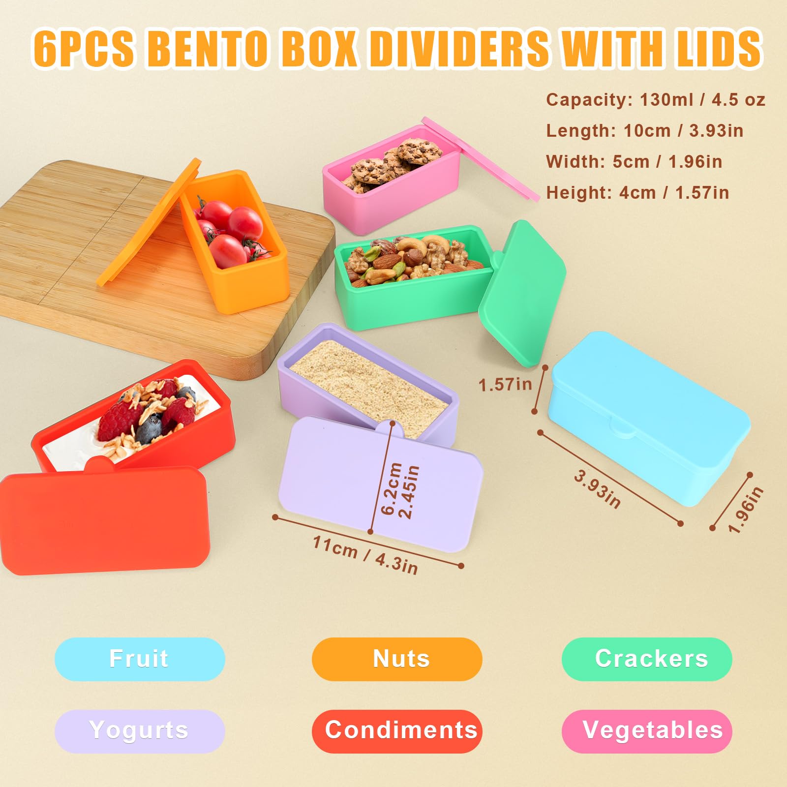 6PCS Lunch Bento Box Accessories for Kids, 4.5oz Silicone Lunch Box Dividers with Lids Small Silicone Food Storage Container for Snack Sauce Condiment Soup Yogurt Salad Dressing (Rectangular)
