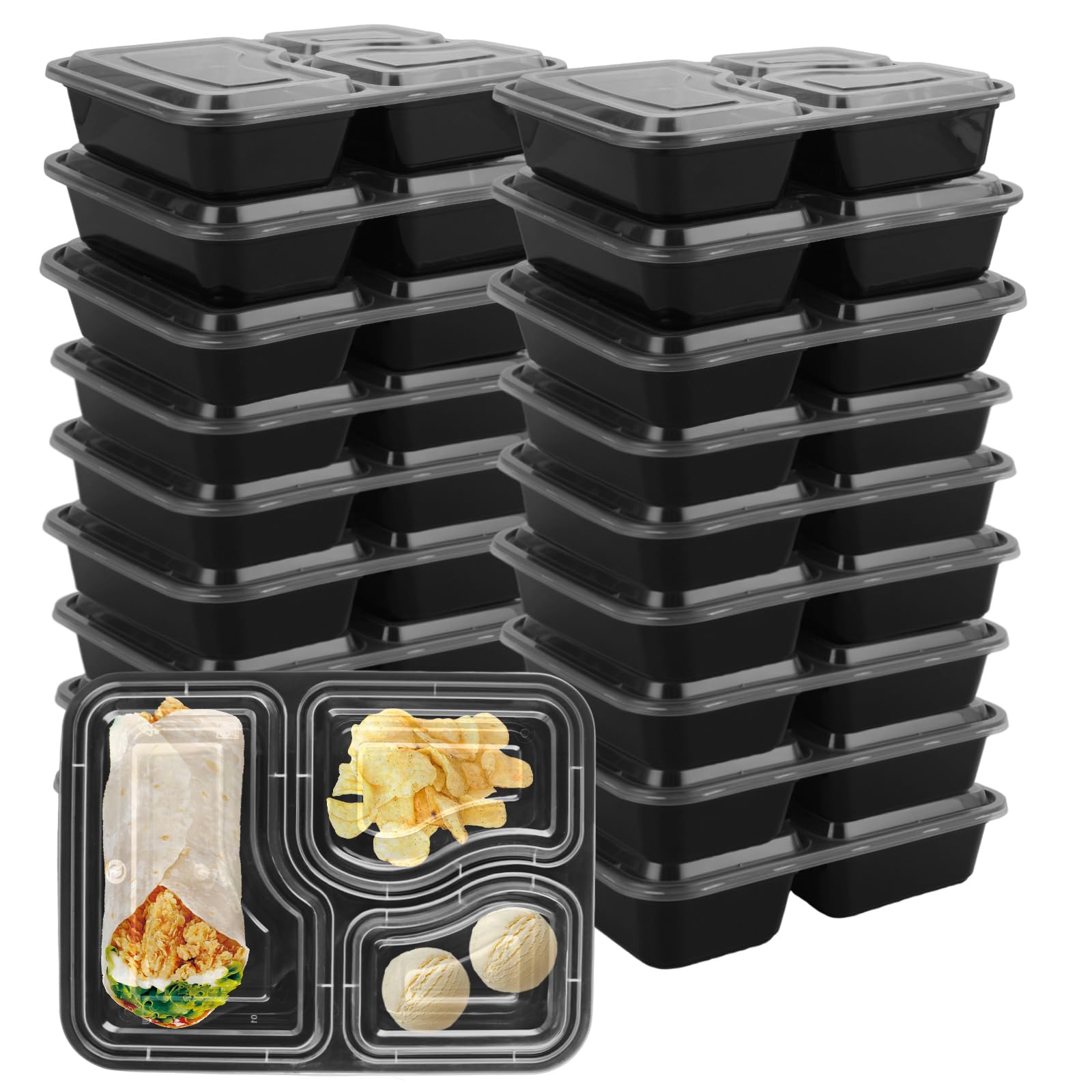 MUXHEL 50 Pack 30 oz 3-Compartment Meal Prep Containers with Lids, BPA Free Plastic Food Container Reusable, Microwave Safe Take Out Container with Lid for Meal Prep, Large, Black