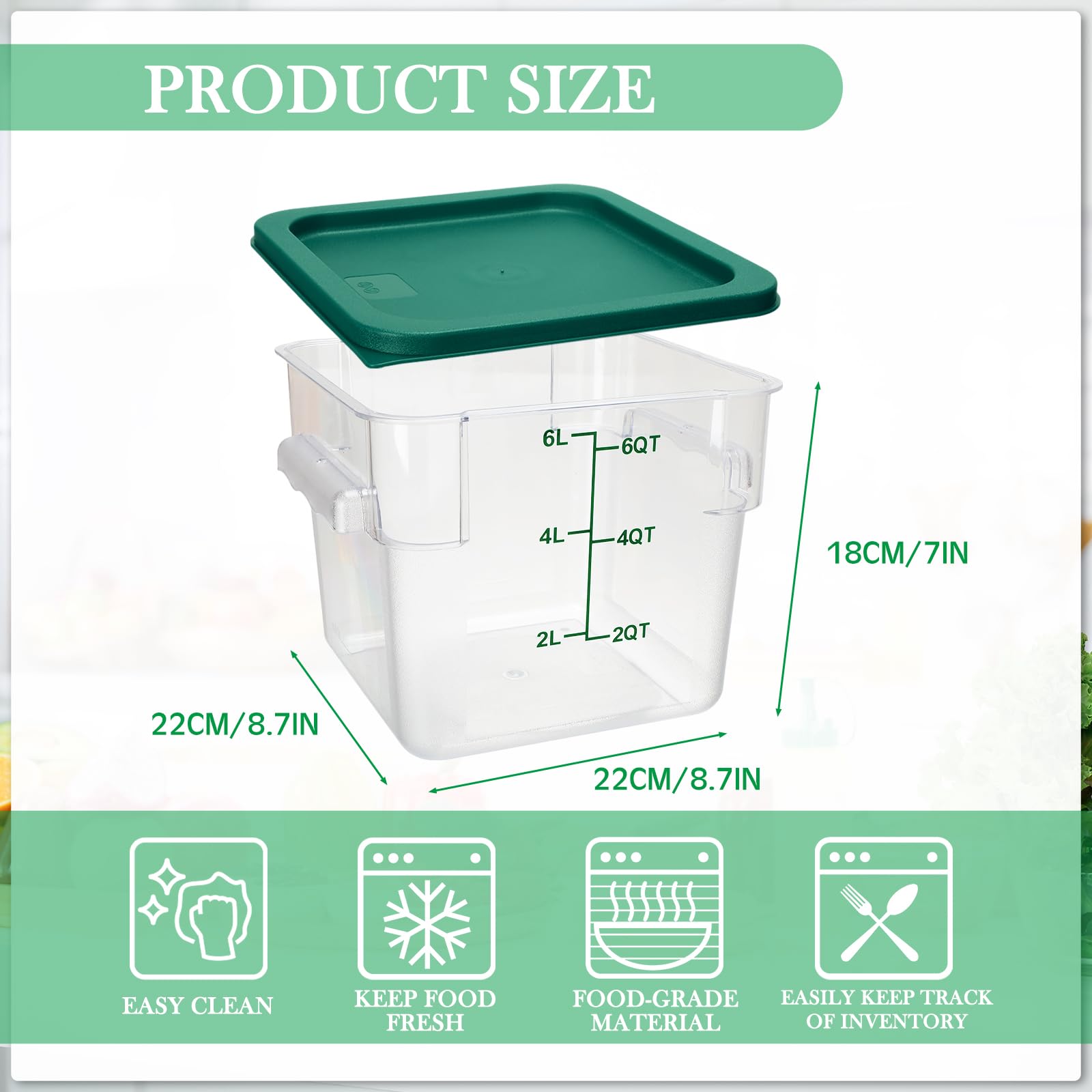 Lallisa 8 Pack 6 Qt Commercial Food Storage Containers with Lids Square Food Storage Container Clear Cereal Storage Containers for Kitchen Freezer Pantry Restaurant Flour Sugar(Green Lids)