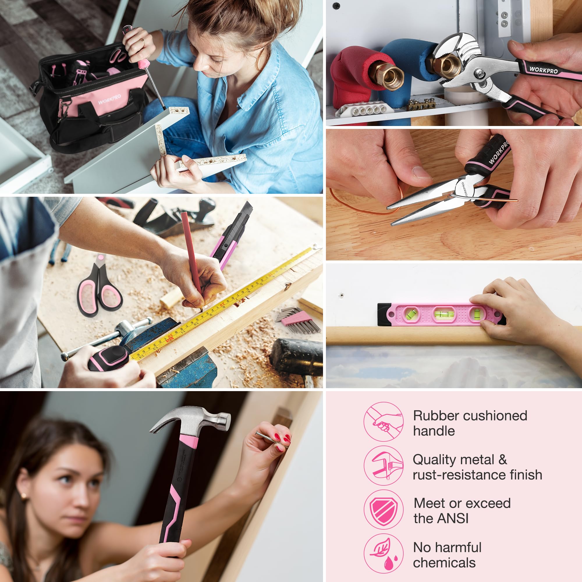 WORKPRO Pink Home Tool Kit with Drill, 157PCS Pink Tool Set with 20V Cordless Lithium-ion Drill Gun, Basic Drill Sets Combo Kit with Wide Mouth Open Tool Bag