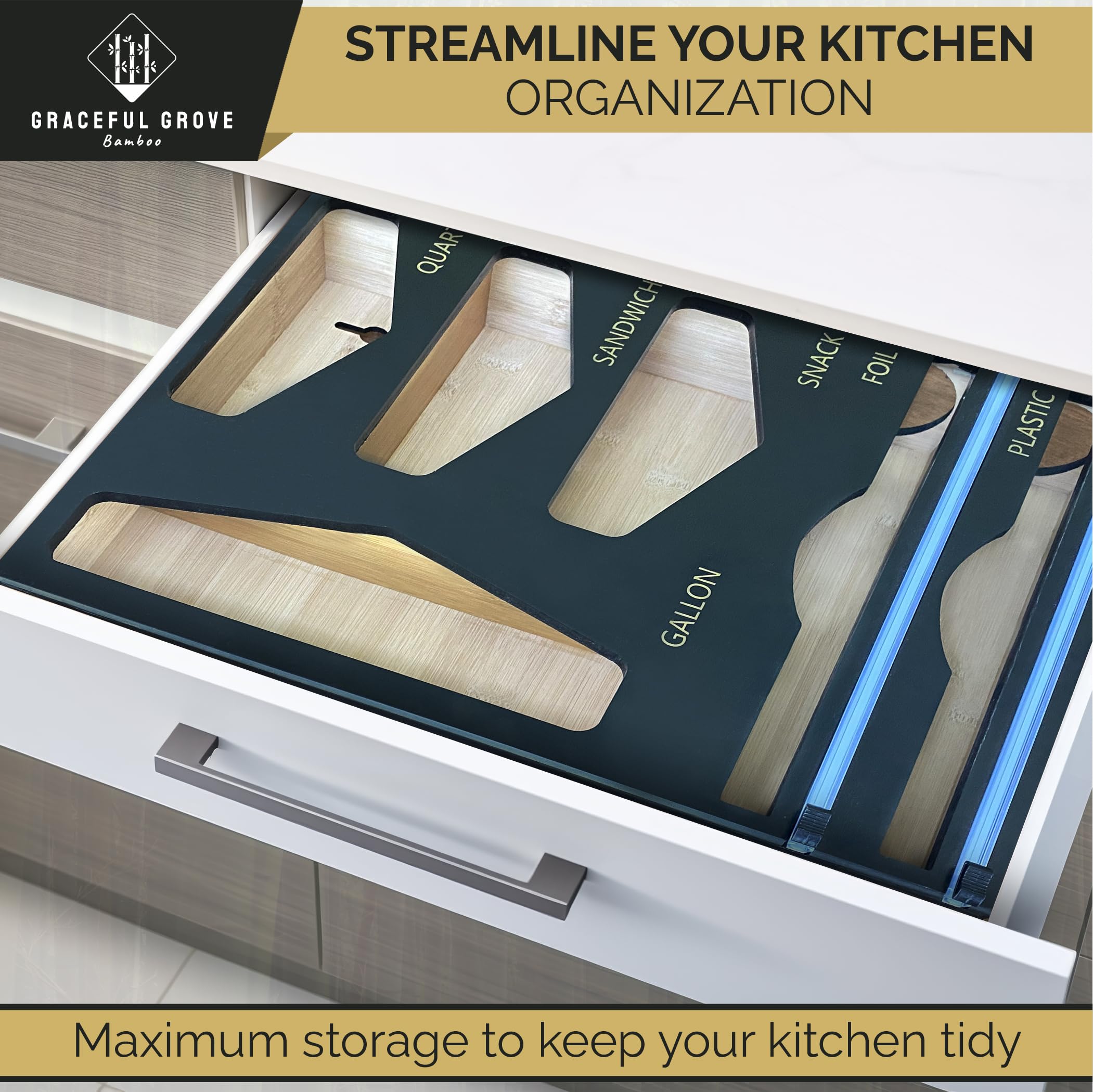Graceful Grove Bamboo Food Bag Organizer: Kitchen Drawer Organizer with Wrap Dispenser and Cutter - Foil and Plastic Wrap Holder - Fits Gallon, Quart, Sandwich, Snack Bags, and 12" Rolls (Black)