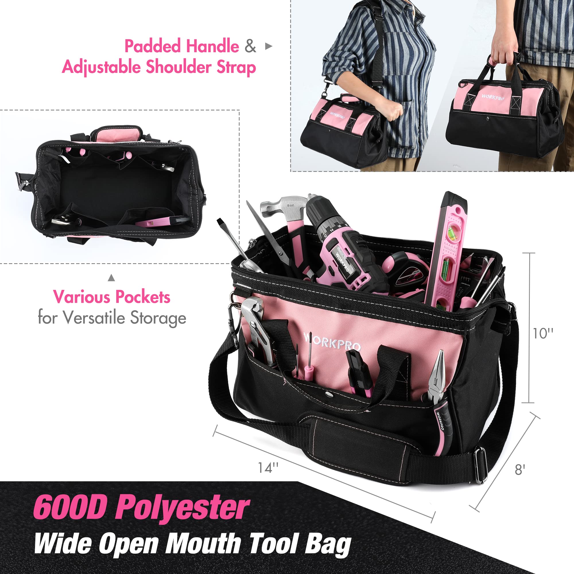 WORKPRO Pink Home Tool Kit with Drill, 157PCS Pink Tool Set with 20V Cordless Lithium-ion Drill Gun, Basic Drill Sets Combo Kit with Wide Mouth Open Tool Bag