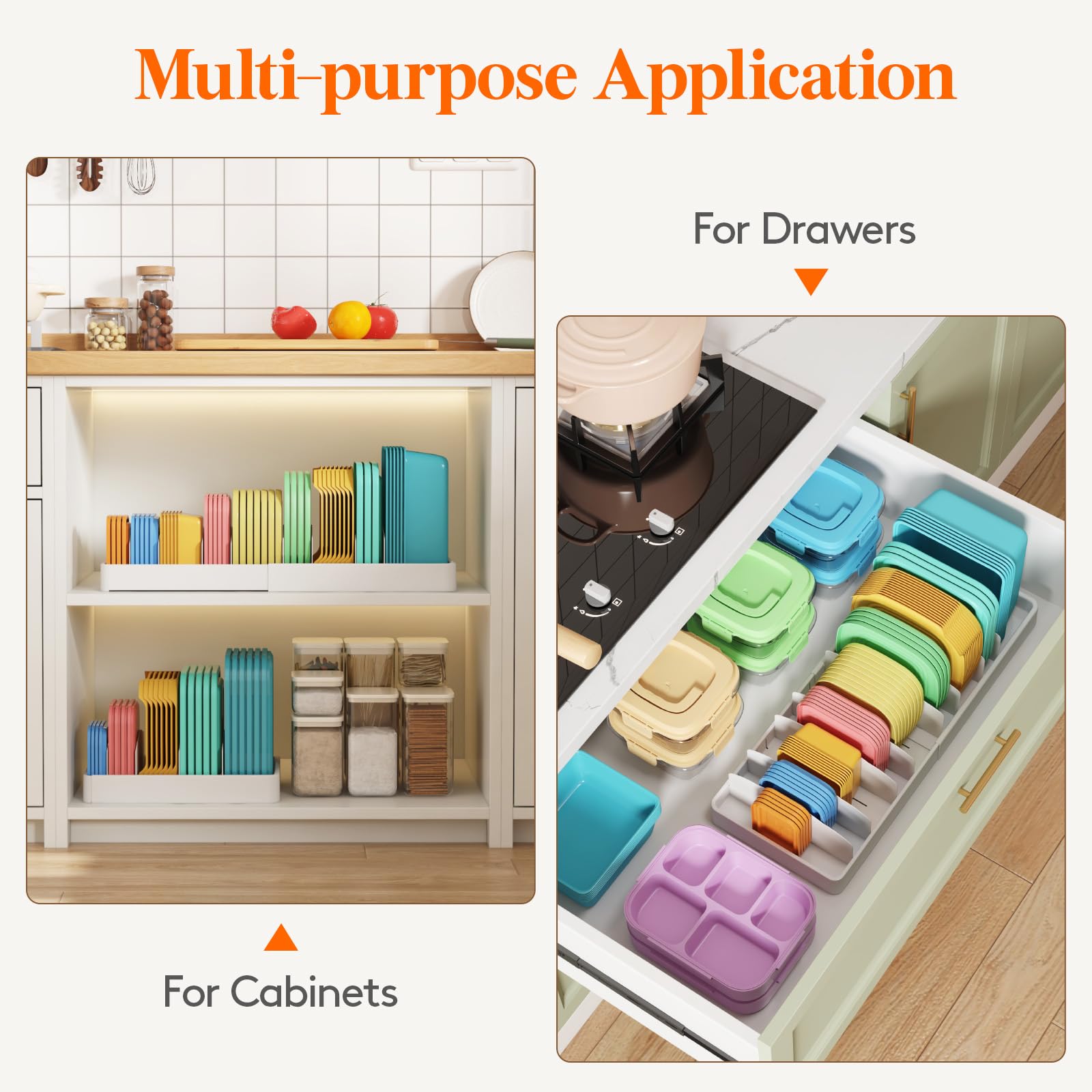 Lifewit Lid Organizers for Cabinet Adjustable, Extra Large 13-24" Food Storage Container Lid Divider with 8 Inserts & 21 Compartments, Plastic Lid Holder Inside Cabinet in Kitchen/Pantry Organization