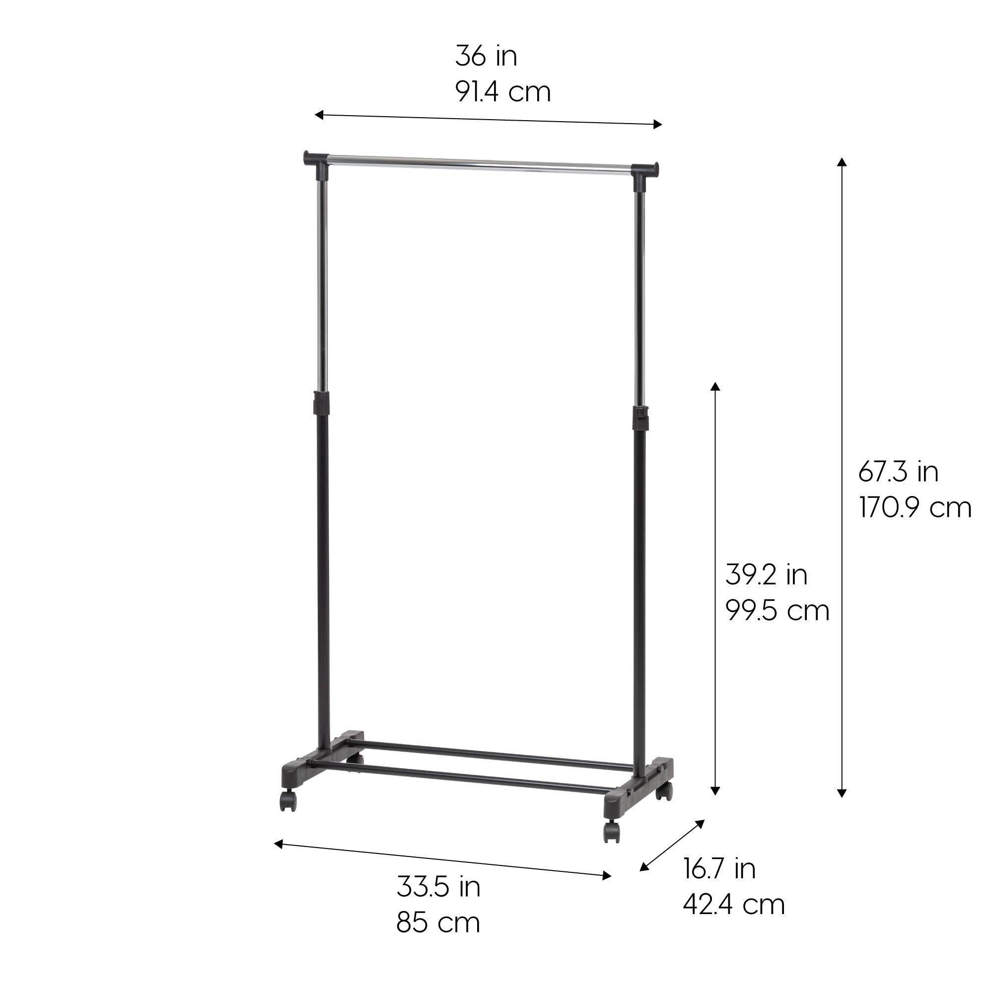 IRIS USA Portable Single-Rod Height Adjustable Clothes Rack with Lockable Wheels, Rolling Garment, Sigle Rod Wardrobe Rack, Easy Assemble, for Clothes, Belts, Shoes, and Bags