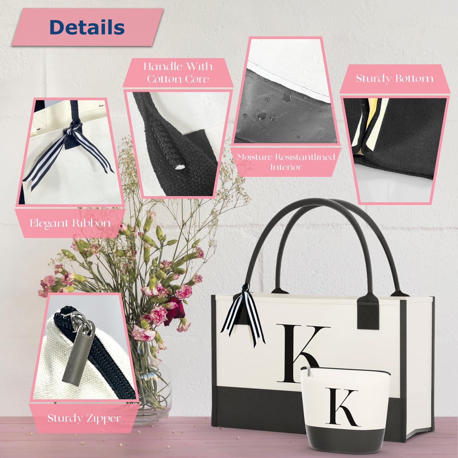 OATALY Monogrammed Canvas Tote Bag with Zipper Pockets - Ideal Gift for Mom, Teacher, Sister