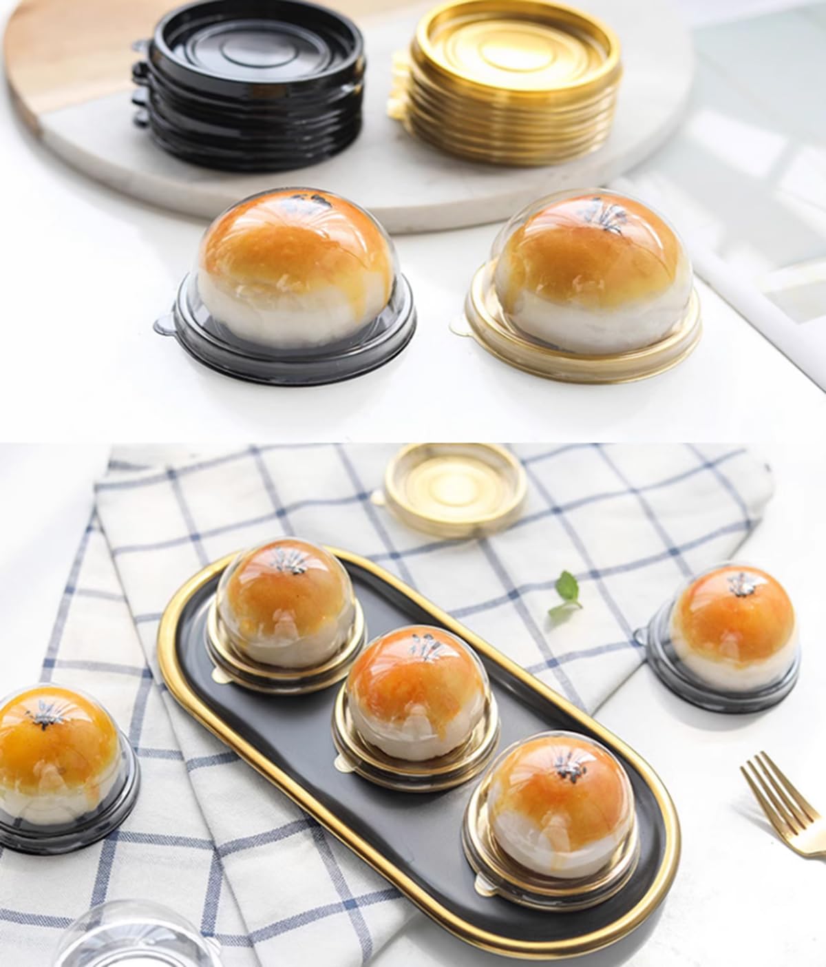 Fengirl 100 Set Clear Plastic Mini Cupcake Boxes Muffin Pod Dome Muffin Single Container Box for Chocolate Covered Cookies, Muffins, Mooncakes and Other Mini Desserts (Black, Gold)