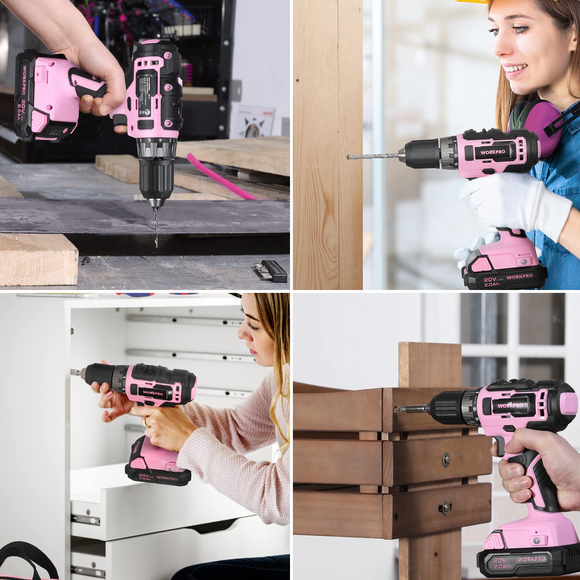 WORKPRO Pink Home Tool Kit with Drill, 157PCS Pink Tool Set with 20V Cordless Lithium-ion Drill Gun, Basic Drill Sets Combo Kit with Wide Mouth Open Tool Bag