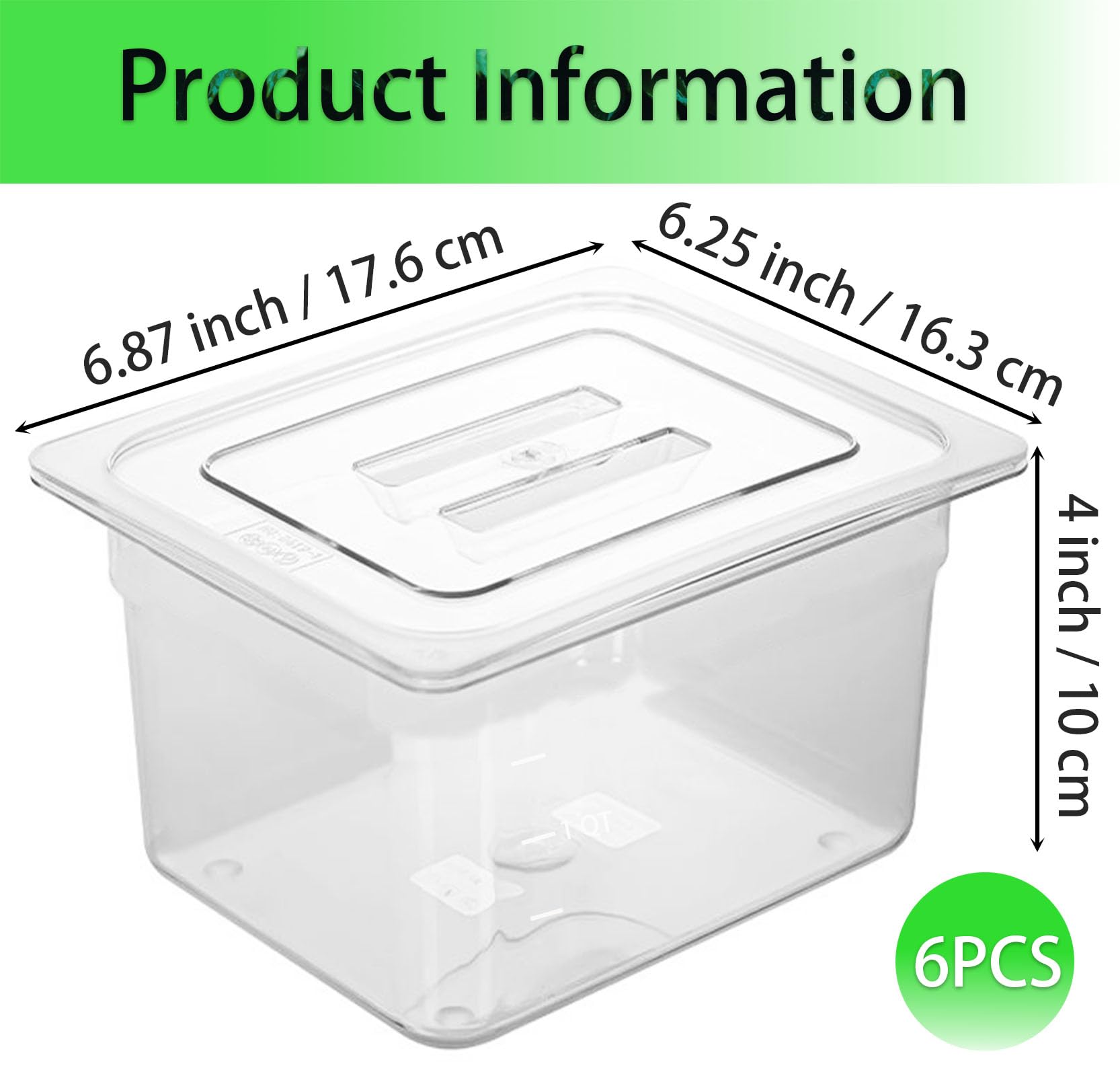 Cheardia 6 Pack 1/6 Size Polycarbonate Food Pans with Lids, Plastic Clear Restaurant Containers Salad Bar Containers for Fruits, Vegetables, Kitchen Food Prep, 4 Inch Deep