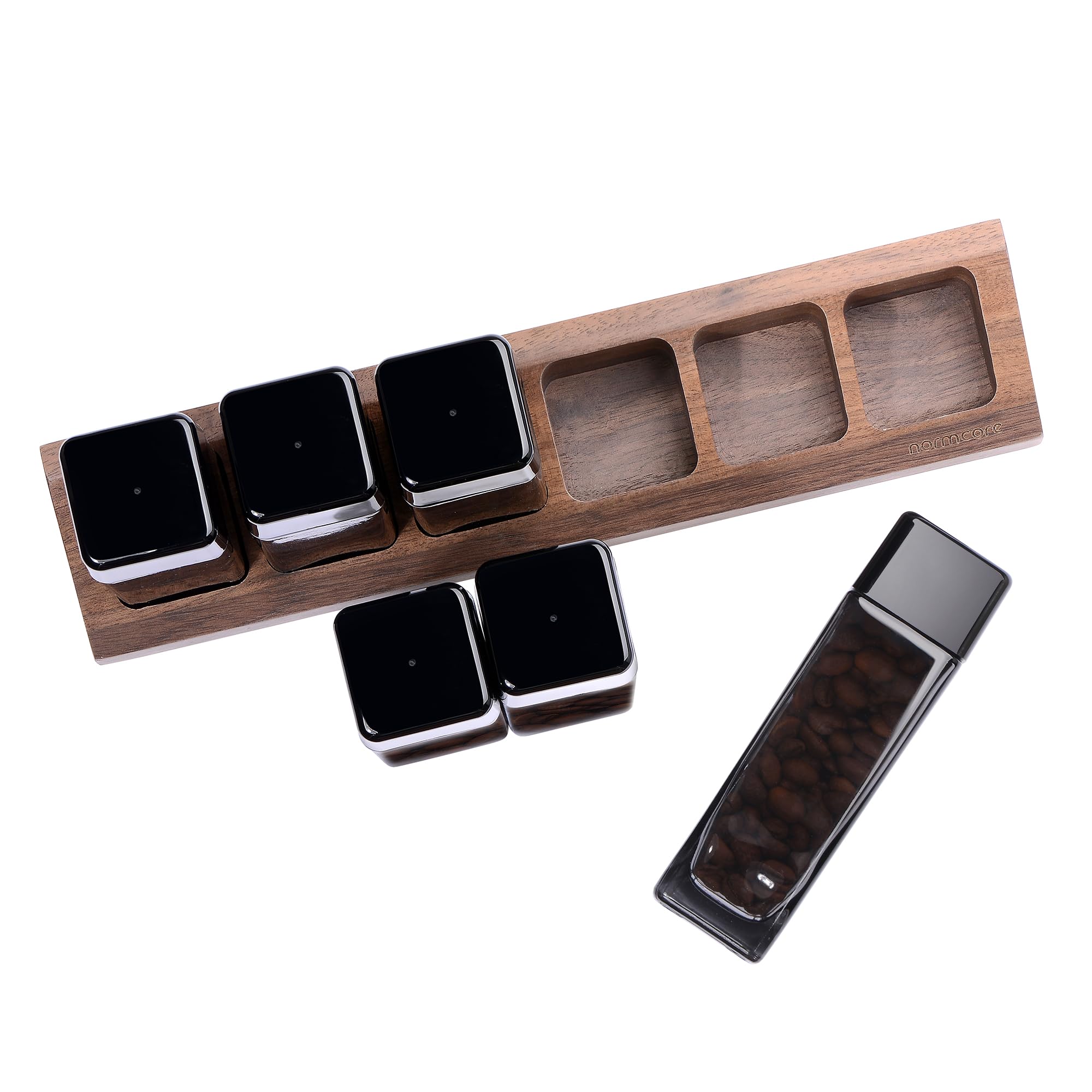 Normcore 6 Tubes Single Dose Espresso Bean Cellars, Coffee Beans Storage Tube Vial Vault with One-Way Exhaust Valve, Smoke Glass Coffee Bean Capsules With Genuine American Walnut Display Stand
