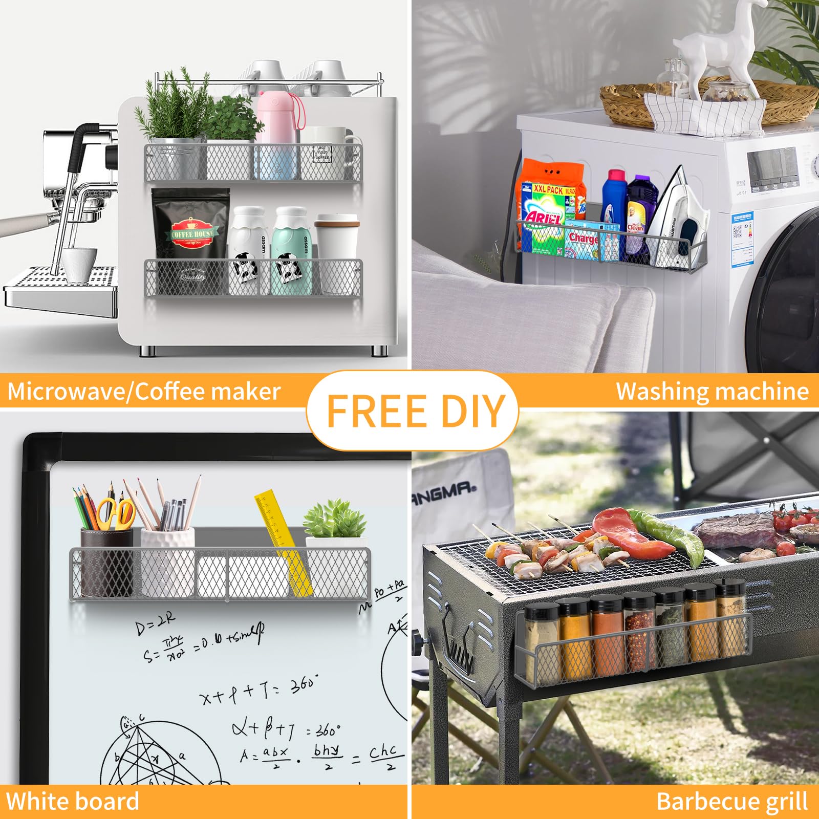 DTUQYX Magnetic Spice Rack for Refrigerator, 6 Pack Metal Magnetic Shelf Grey, Moveable Spice Organizer, Strong Magnetic Storage Fridge Organizer with Paper Towel Holder, Utensils Holder