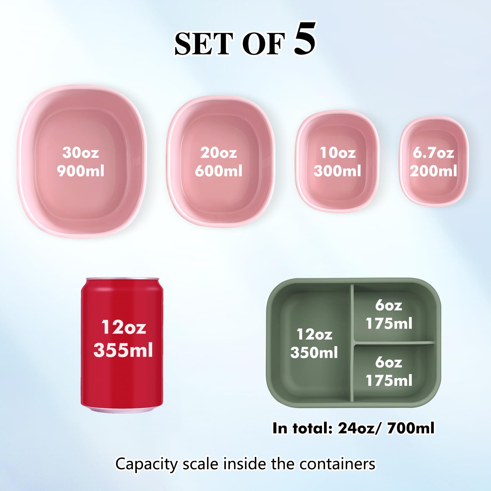 Anatole Silicone Bento Box 5 Pcs/Set Nesting Food Storage Containers with Lids Leak-Proof Reusable School Lunch Container BPA Free Microwave Dishwasher Freezer Oven Safe for Kids Adults