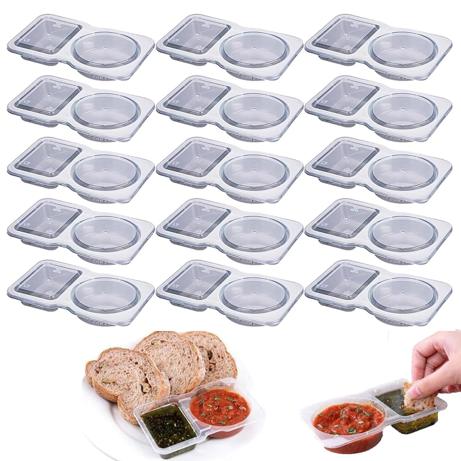 15pcs Double Compartment Condiment Container, Double Condiment Containers with Lids, 2 Compartment Snack Containers, Double Compartment Snack Containers for to-go Sauce, Sampling, Travel Snack