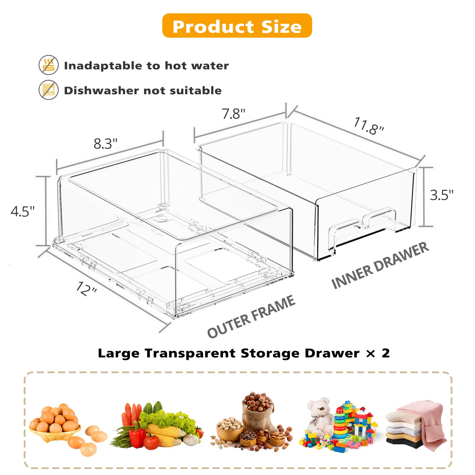 2 Pcs Refrigerator Organizer Bins Pull-Out Drawers, Clear Fridge Drawers, Stackable Fridge Organizer Drawers, Food Storage Containers for Fruit & Vegetables, for Kitchen, Freezers, Storage Rooms