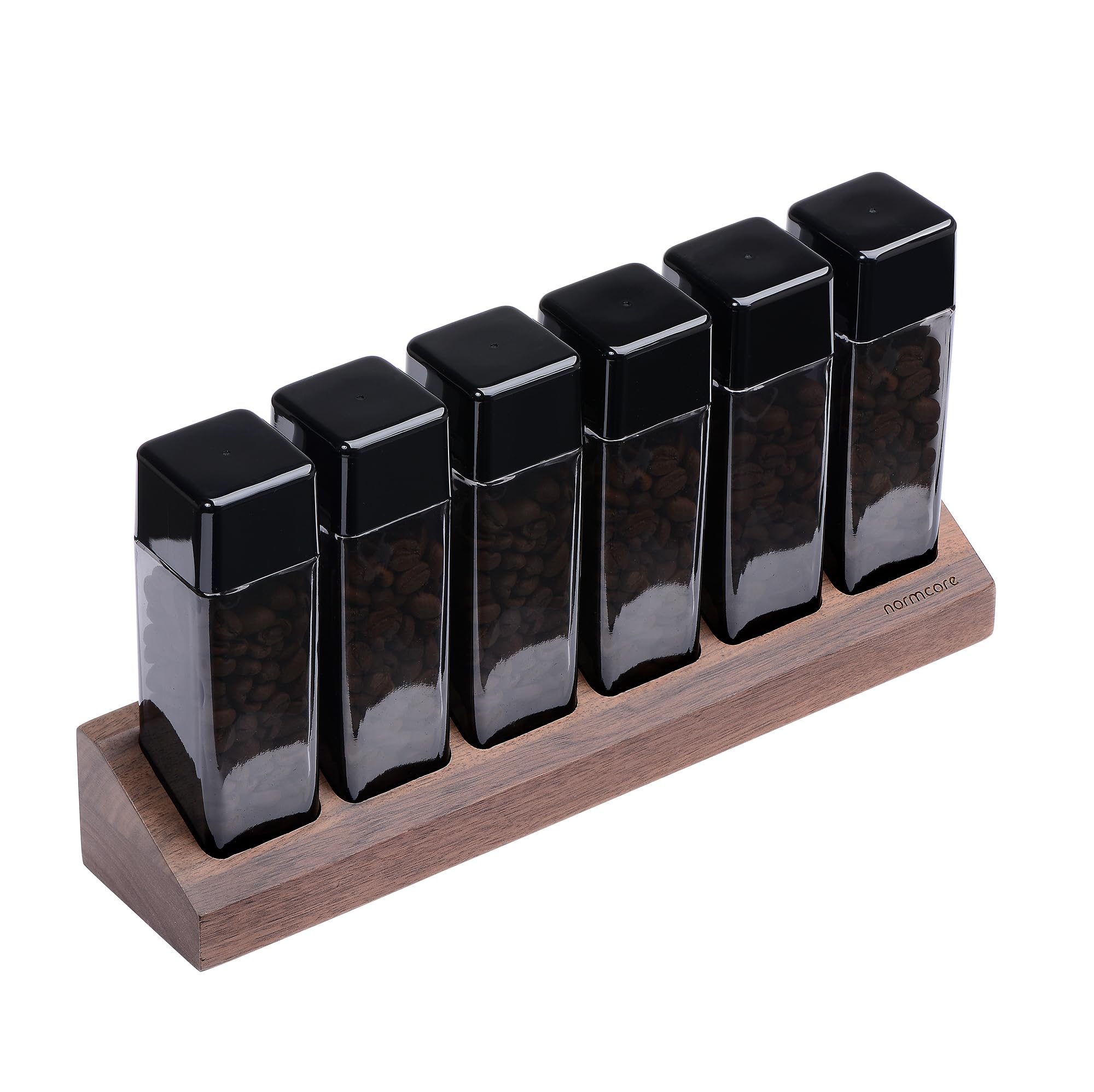 Normcore 6 Tubes Single Dose Espresso Bean Cellars, Coffee Beans Storage Tube Vial Vault with One-Way Exhaust Valve, Smoke Glass Coffee Bean Capsules With Genuine American Walnut Display Stand