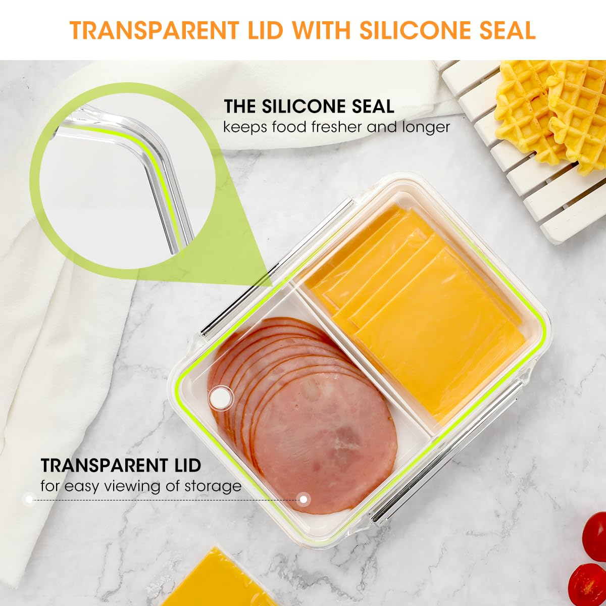 AIEVE Ham and Cheese Container for Fridge, Deli Meat Container for Fridge, Silicone Sealed Lunch Meat Storage Container for Fridge with Clear Lids, 8.86 Inches Long