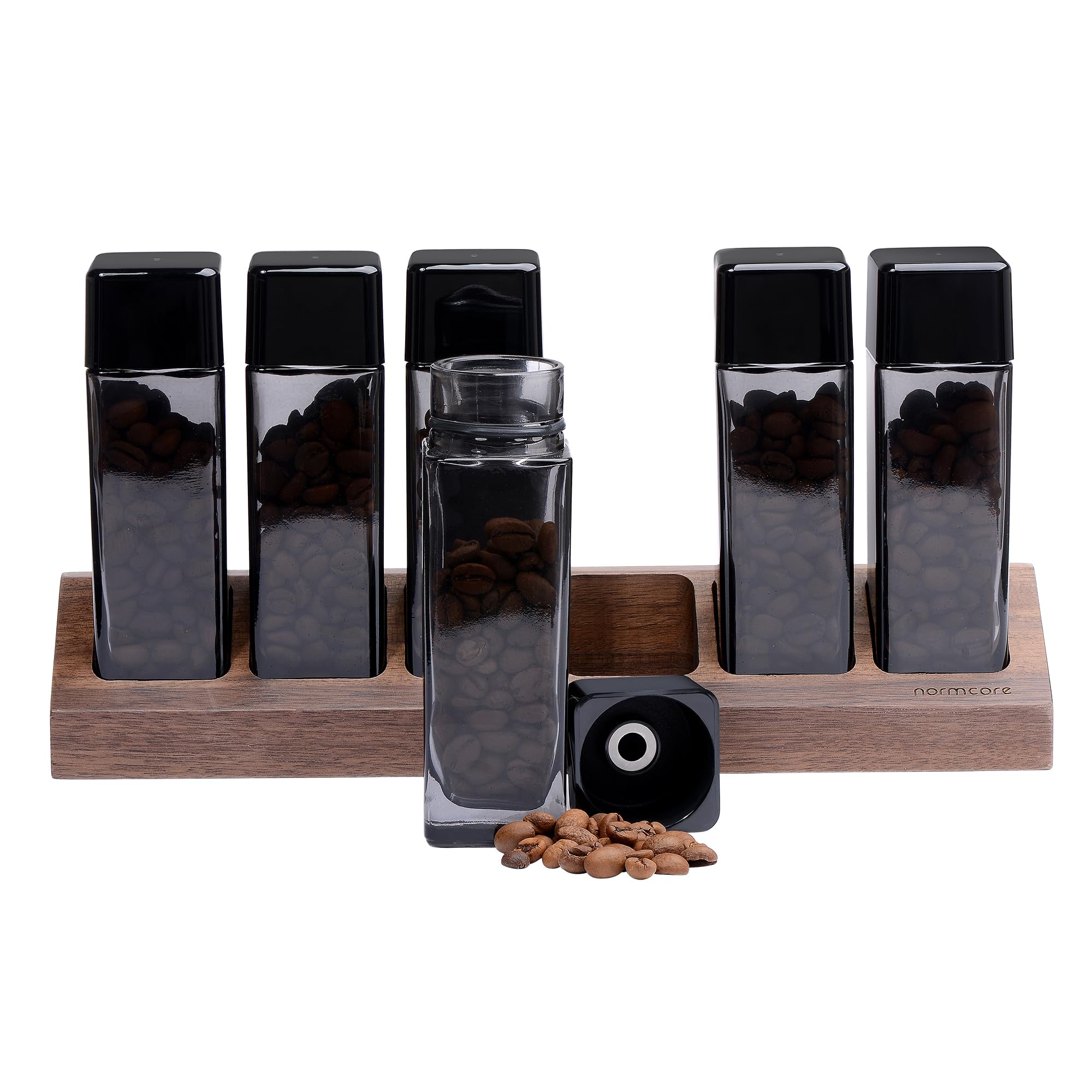 Normcore 6 Tubes Single Dose Espresso Bean Cellars, Coffee Beans Storage Tube Vial Vault with One-Way Exhaust Valve, Smoke Glass Coffee Bean Capsules With Genuine American Walnut Display Stand