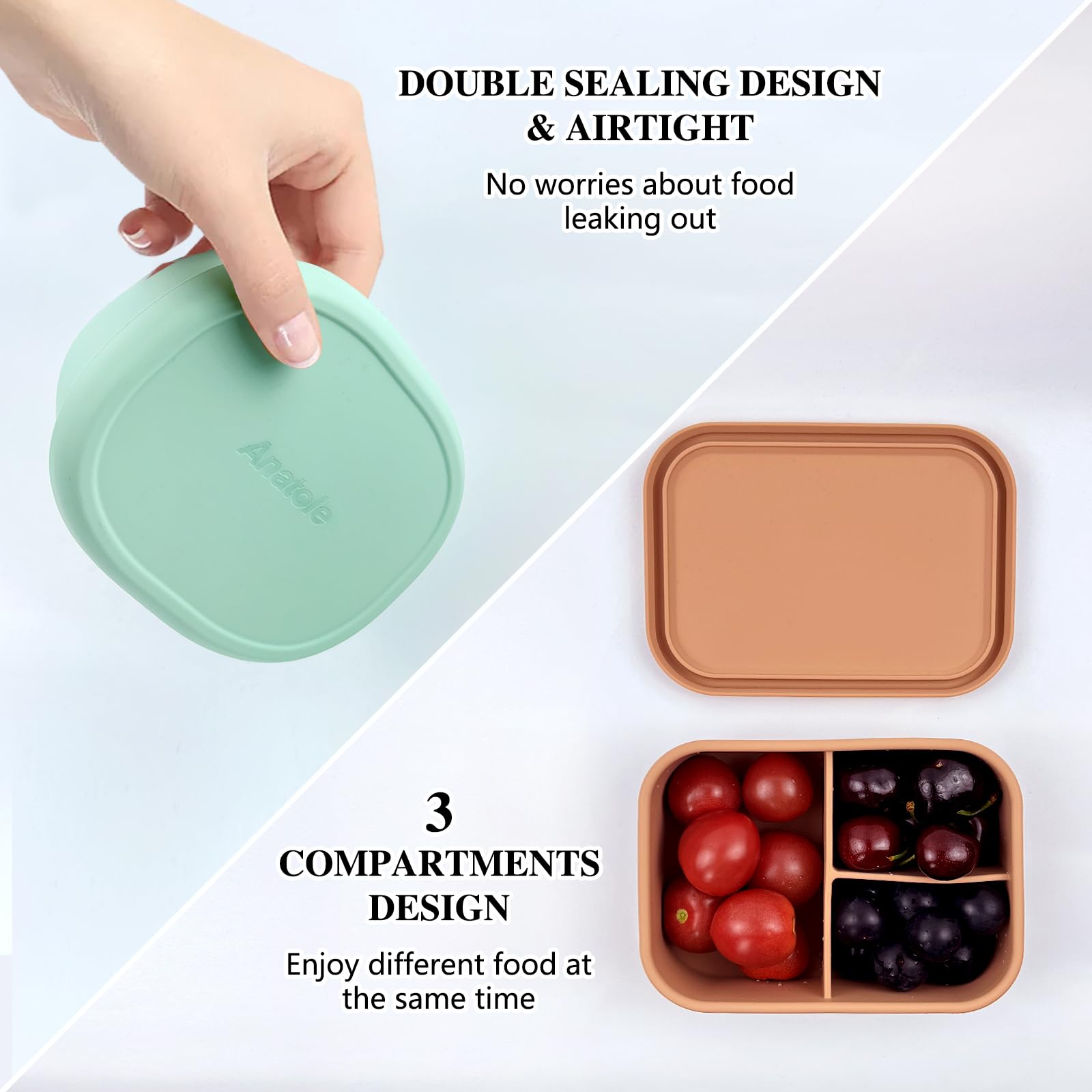 Anatole Silicone Bento Box 5 Pcs/Set Nesting Food Storage Containers with Lids Leak-Proof Reusable School Lunch Container BPA Free Microwave Dishwasher Freezer Oven Safe for Kids Adults